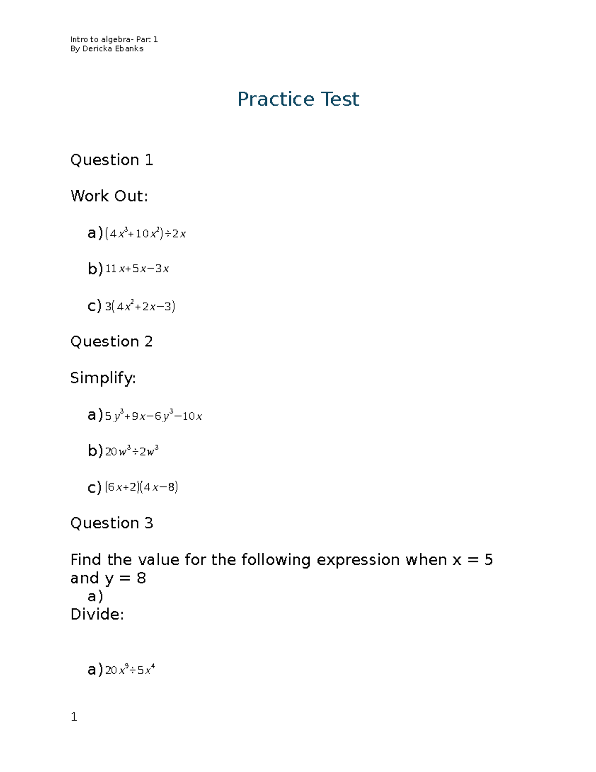 Worksheet 4 - Introductory Algebra - Dividing algebraic expressions ...