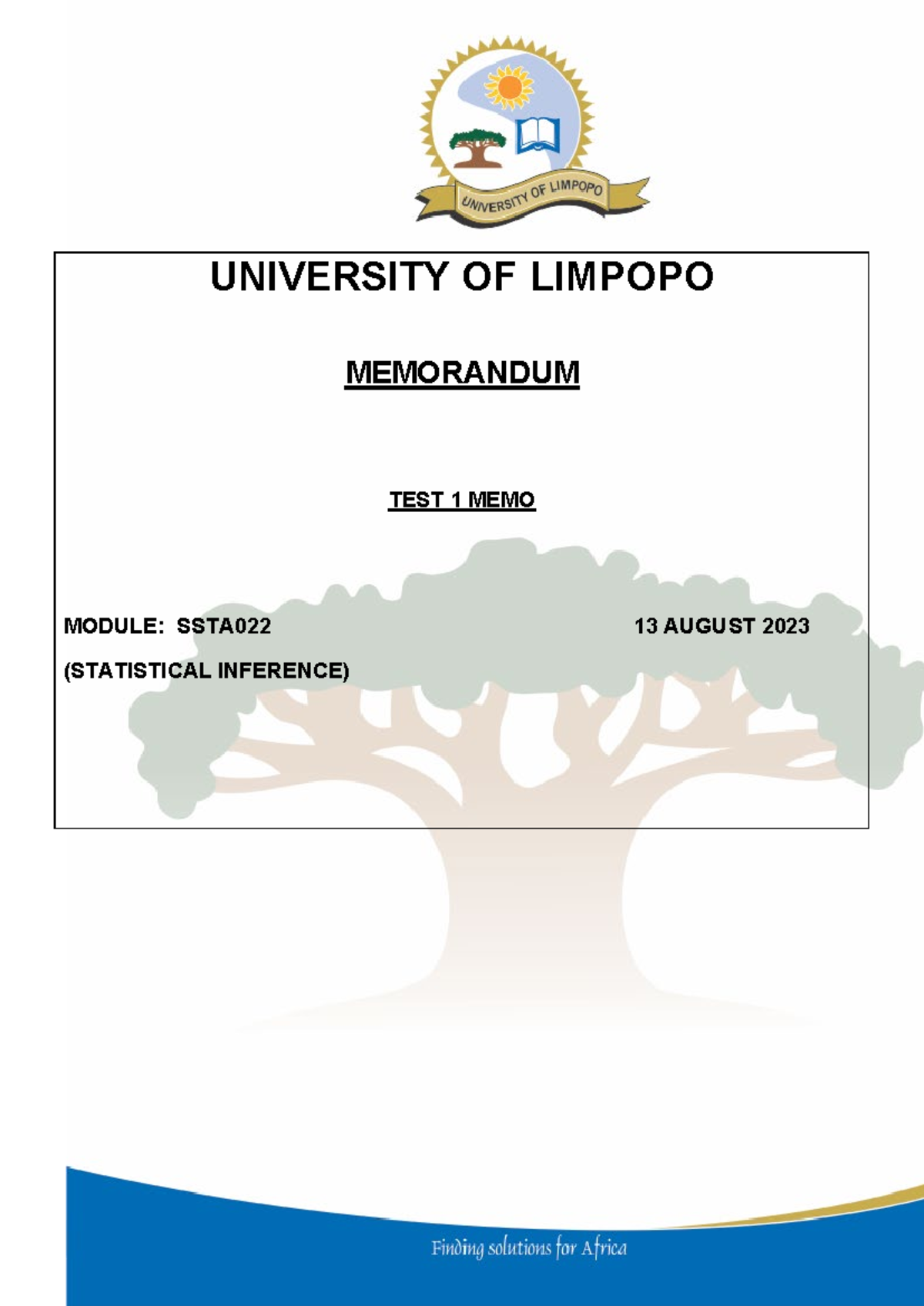 SSTA022 TEST 1 2024 MEMO MOD - UNIVERSITY OF LIMPOPO MEMORANDUM TEST 1 ...