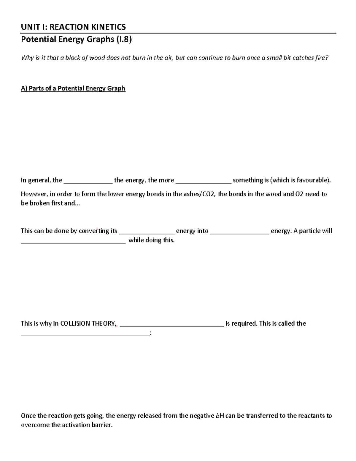 4 - PE Graphs (Student) - UNIT I: REACTION KINETICS Potential Energy ...