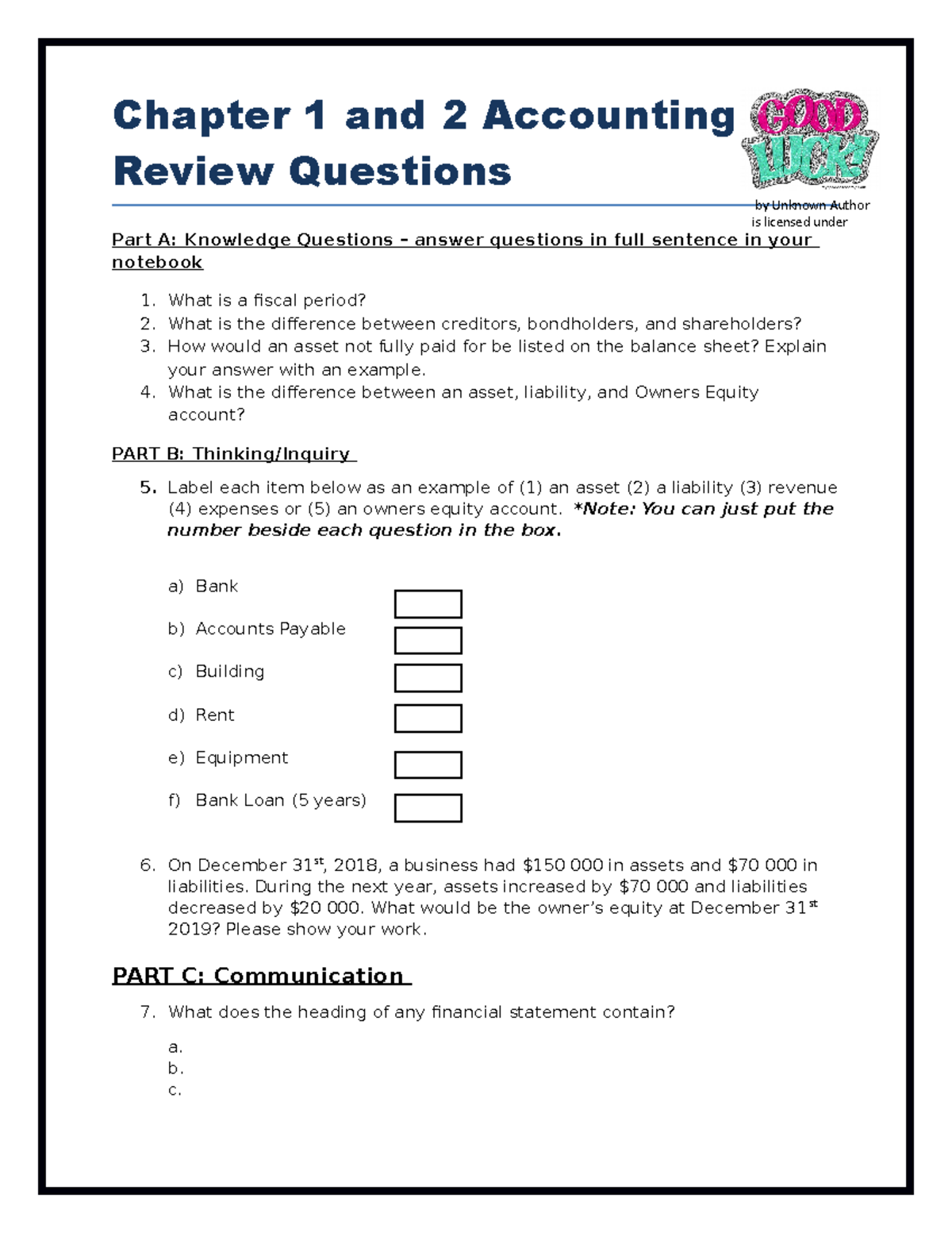 Chapter 1 and 2 Accounting Review Questions - Chapter 1 and 2 ...