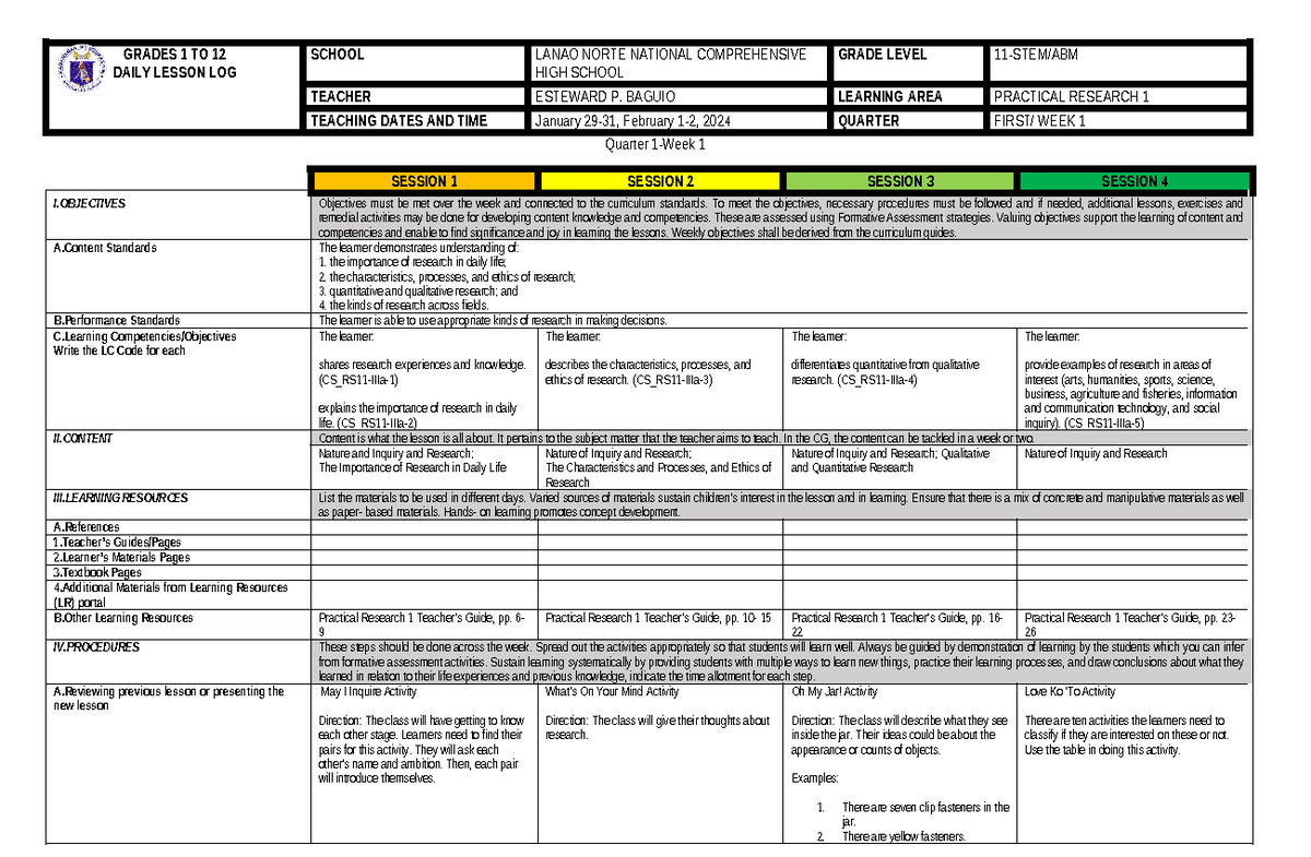 DLL PR 1 week 1 - GRADES 1 TO 12 DAILY LESSON LOG SCHOOL LANAO NORTE ...