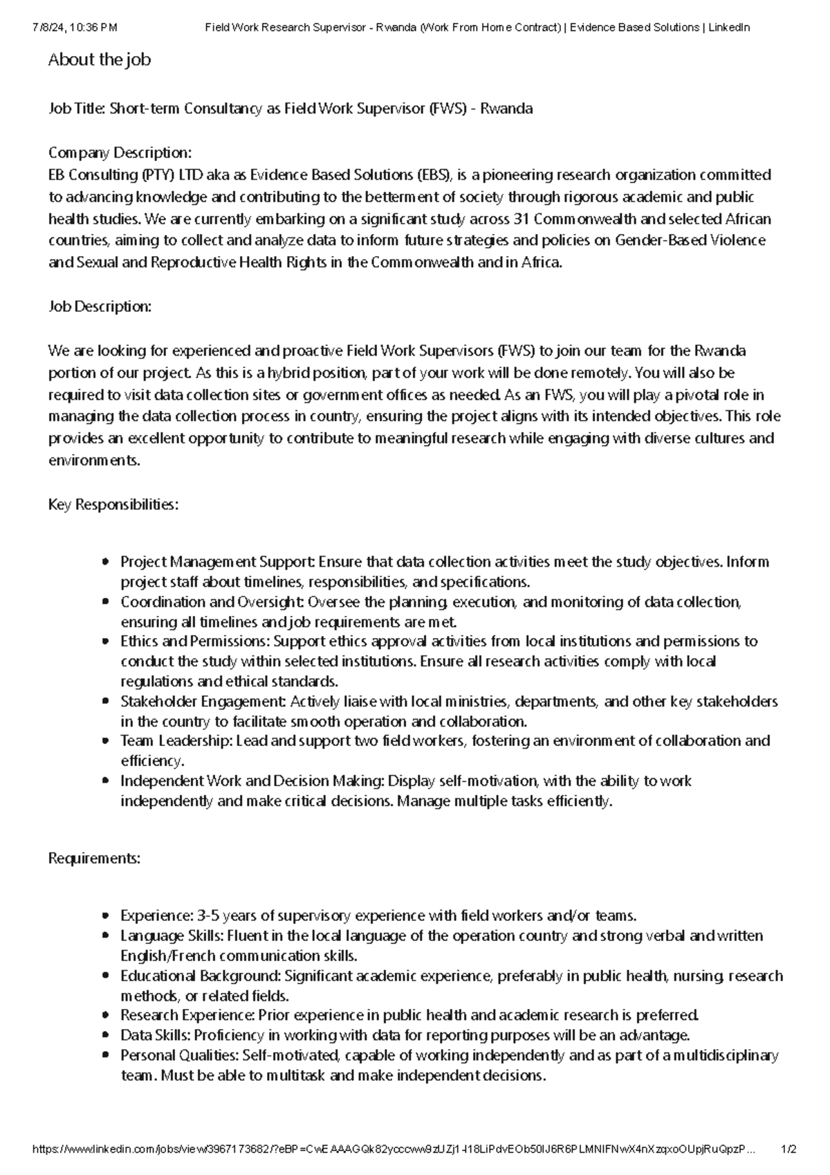 Short-term Consultancy - Field Work Research Supervisor - Rwanda (Work ...