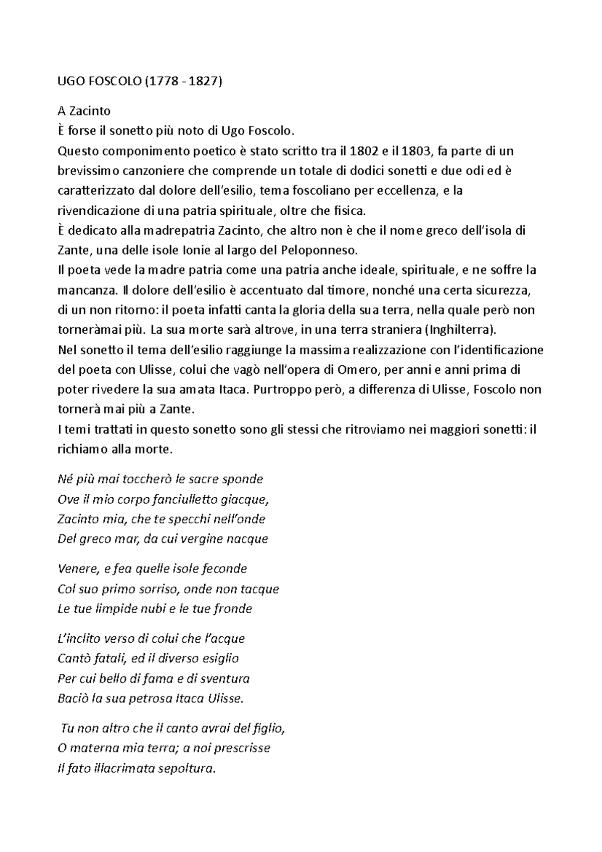 Italiano - Foscolo, A Zacinto - UGO FOSCOLO (1778 - 1827) A Zacinto È ...