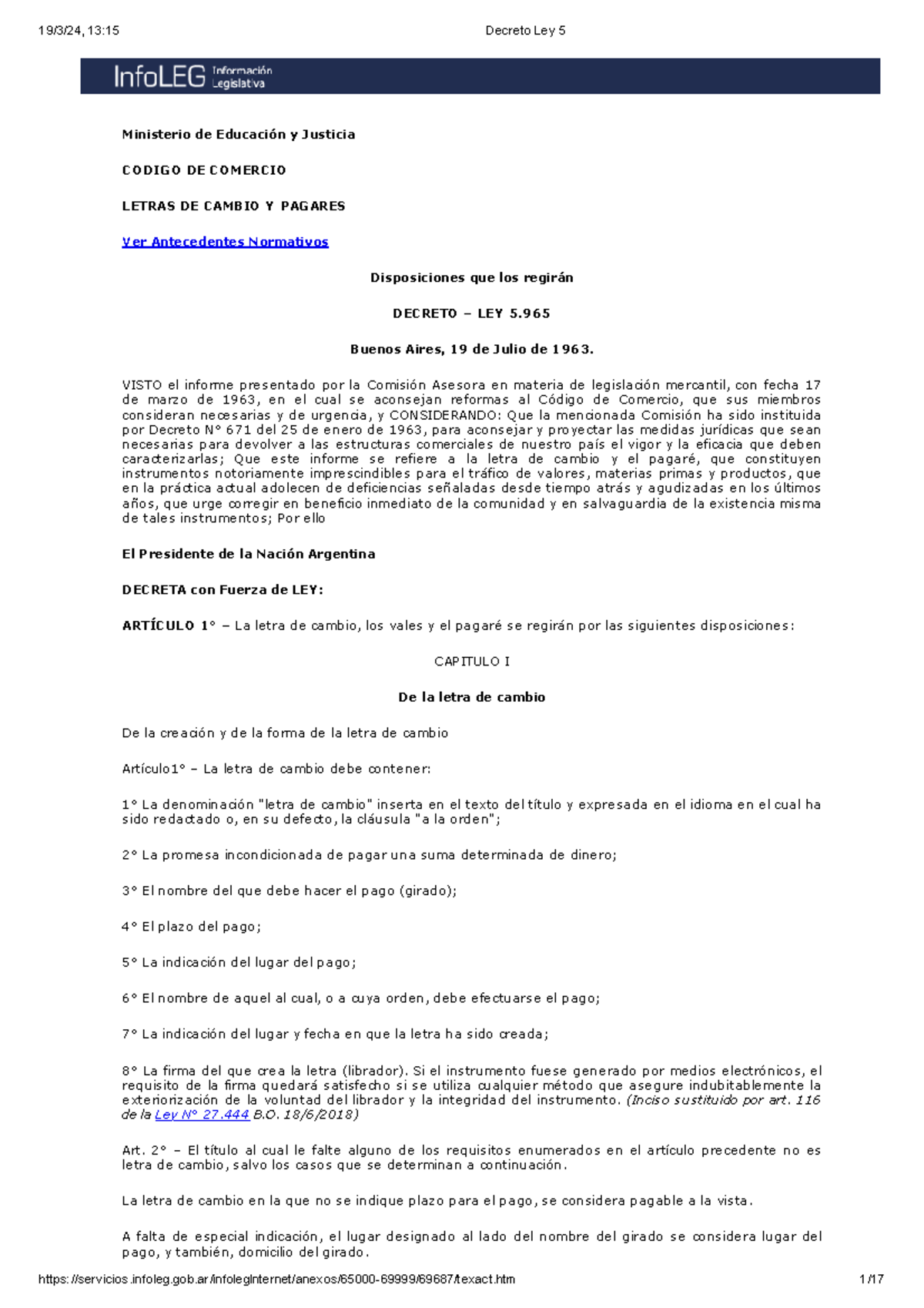 Decreto Ley 5 Letras DE Cambio Y Pagare - Ministerio de Educación y ...