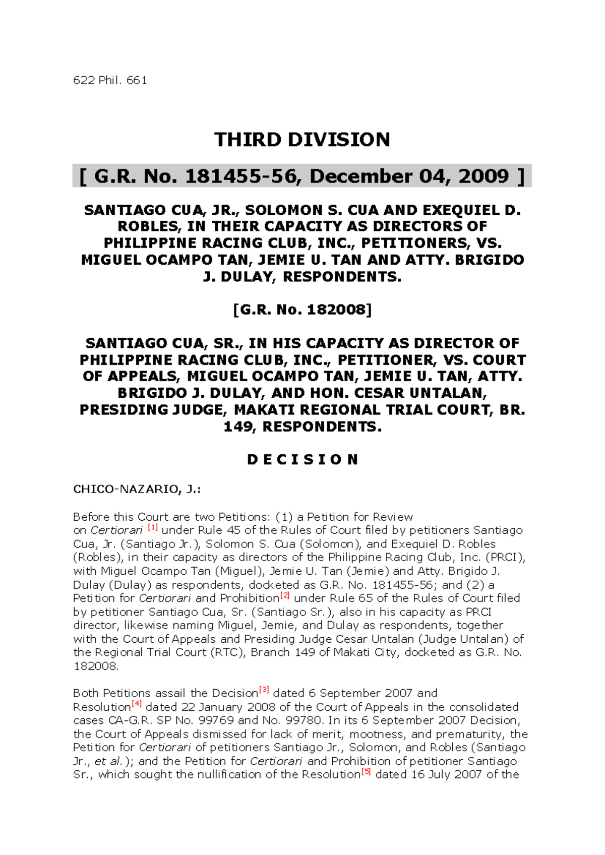 Cua jr. et. al vs tan et. al. g.r - 622 Phil. 661 THIRD DIVISION [ G ...