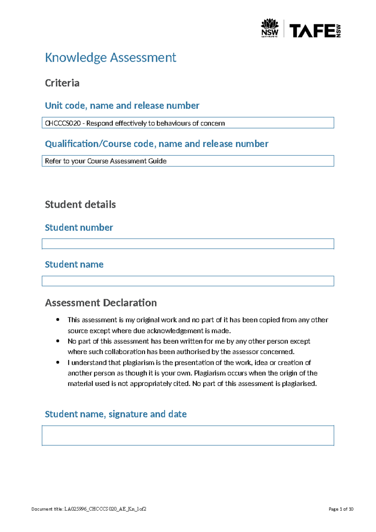 Knowledge Assessment - Knowledge Assessment Criteria Unit code, name ...