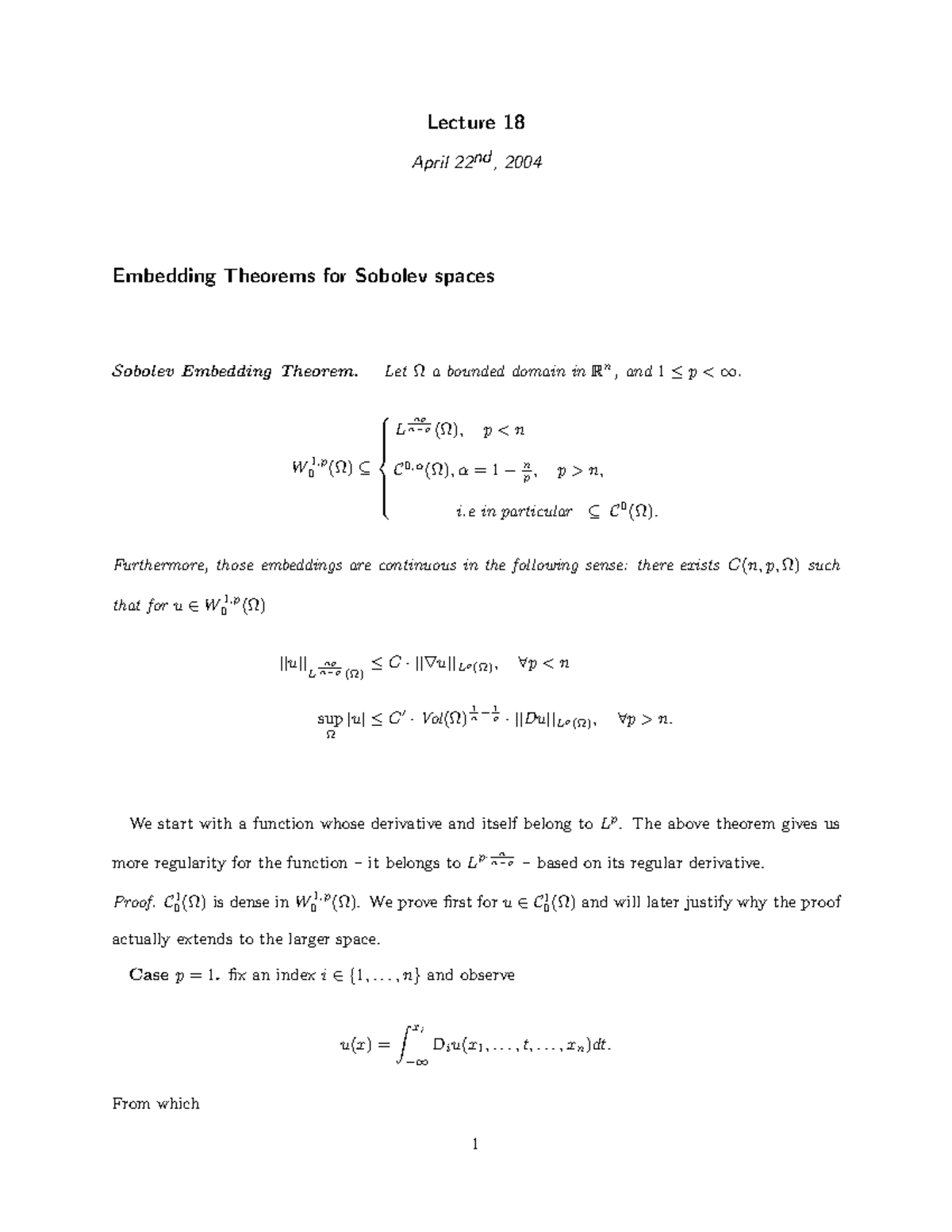 Sobolev Imbedding Theorem P N Lecture 18 April 22nd 2004 Embedding Theorems For Sobolev
