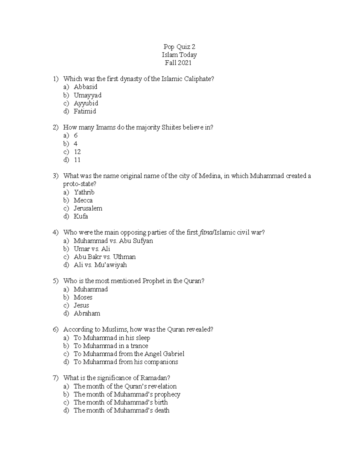 Islam Pop Quiz 2 - Practice quiz 2 - Pop Quiz 2 Islam Today Fall 2021 ...