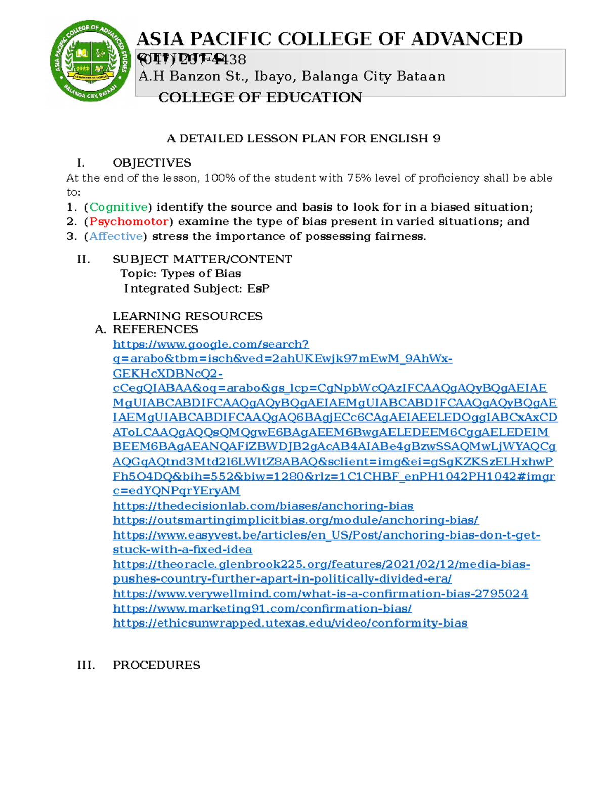 Types OF BIAS - Detailed Lesson Plan - COLLEGE OF EDUCATION A DETAILED ...