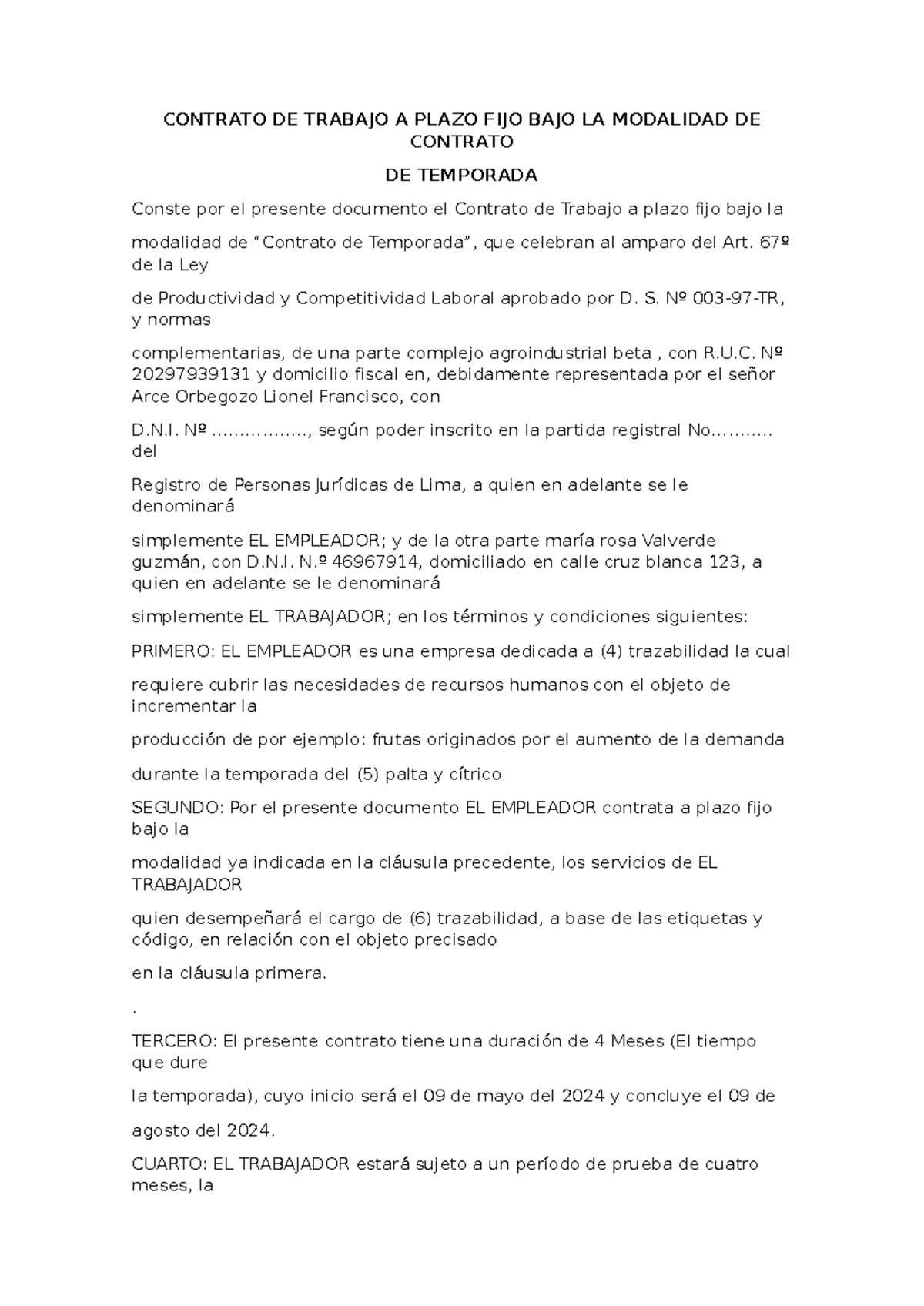Contrato DE Trabajo A Plazo FIJO BAJO LA Modalidad DE Contrato - CONTRATO DE TRABAJO A PLAZO ...