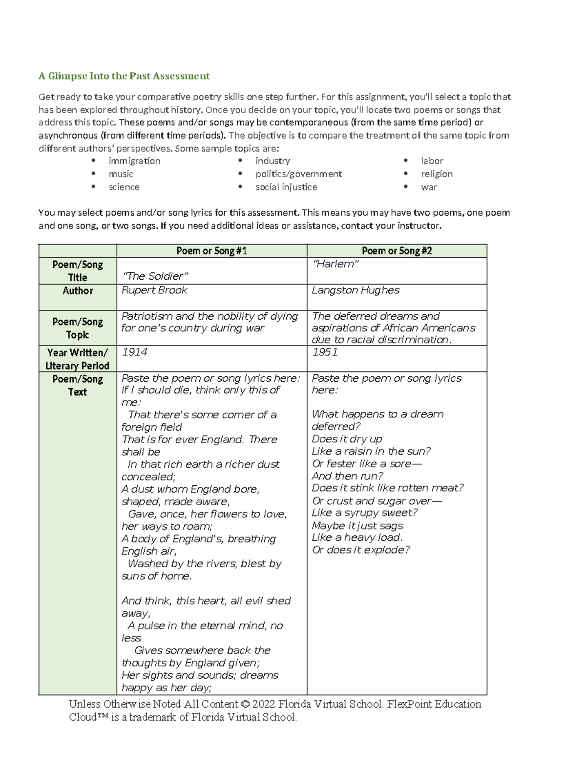A glimpse into the past assess rubric - A Glimpse Into the Past ...