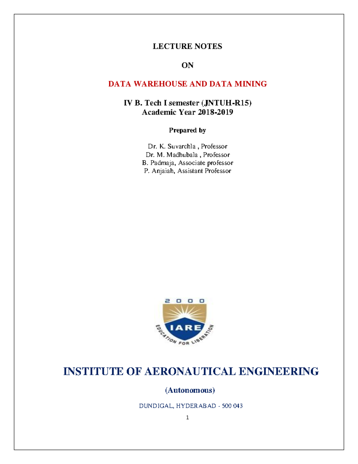 Data Mining Part1 Lecture Notes On Data Warehouse And Data Mining Iv 1326