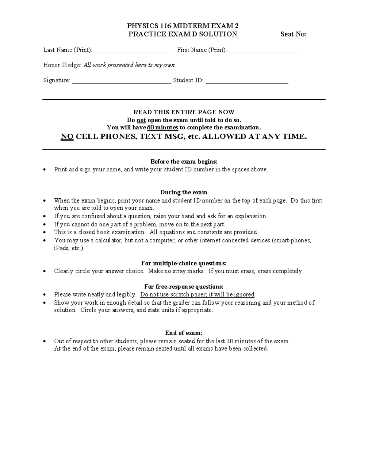 116 Exam 2D Solution - Exam 2 - PHYSICS 116 MIDTERM EXAM 2 PRACTICE EXAM D SOLUTION Seat No ...