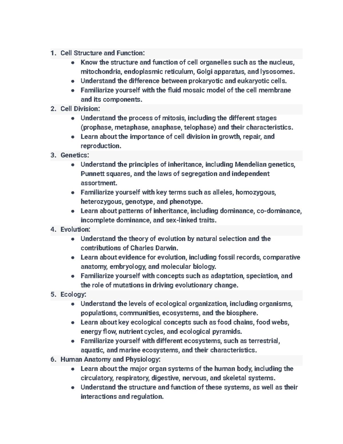 Bio 1 Study Guide final - Cell Structure and Function: Know the ...