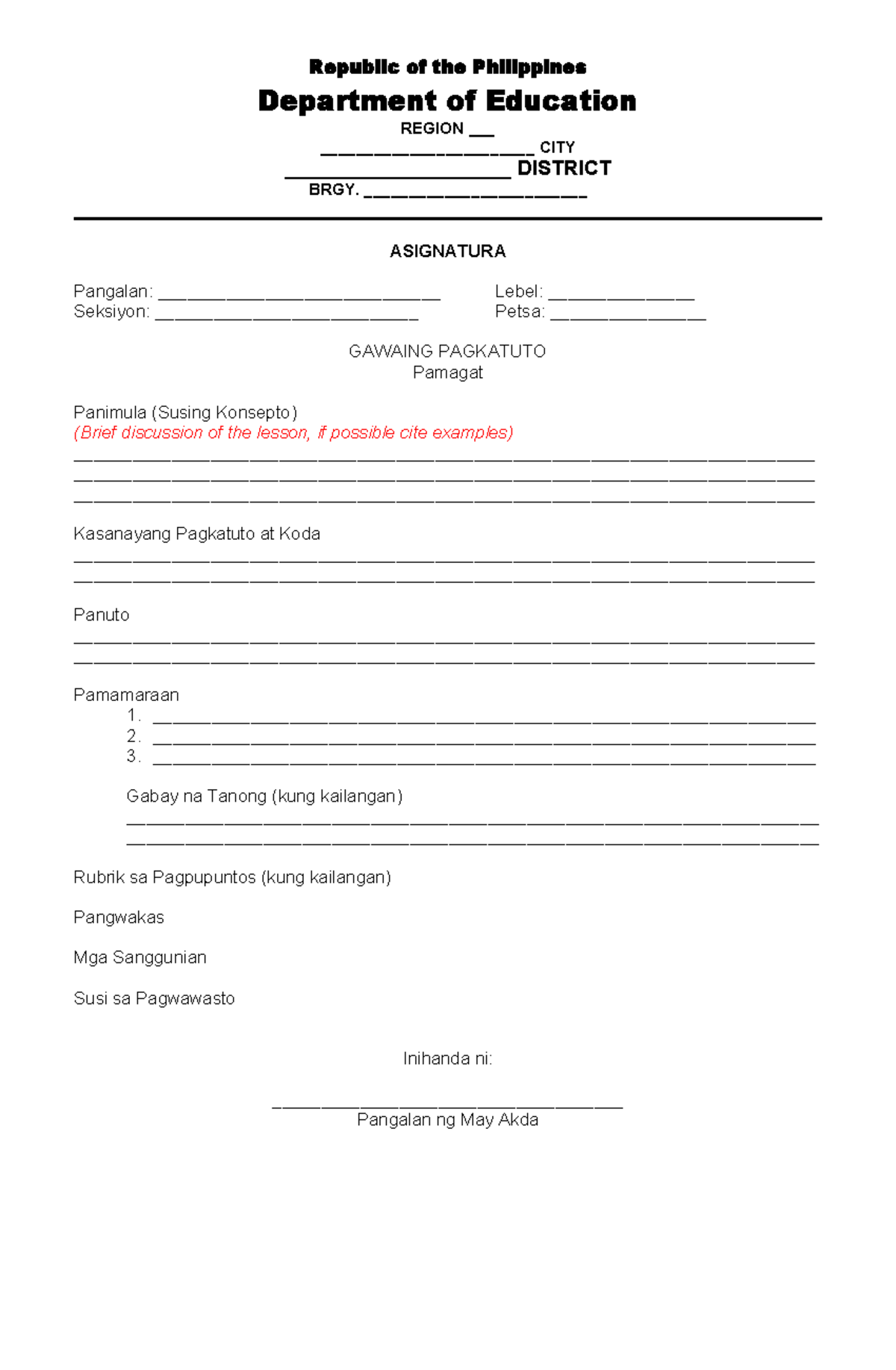 Learning Activity Sheet Template Tagalog - Republic of the Philippines ...