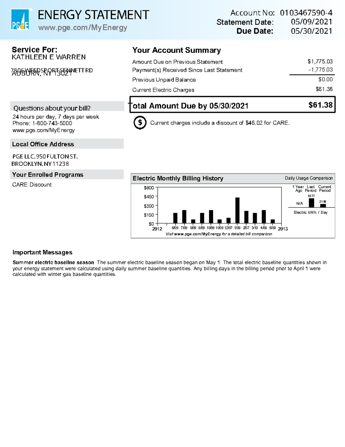 Utility bill - hhh - PG&E BOX 997300 SACRAMENTO, CA 95899- JUSTIN ...
