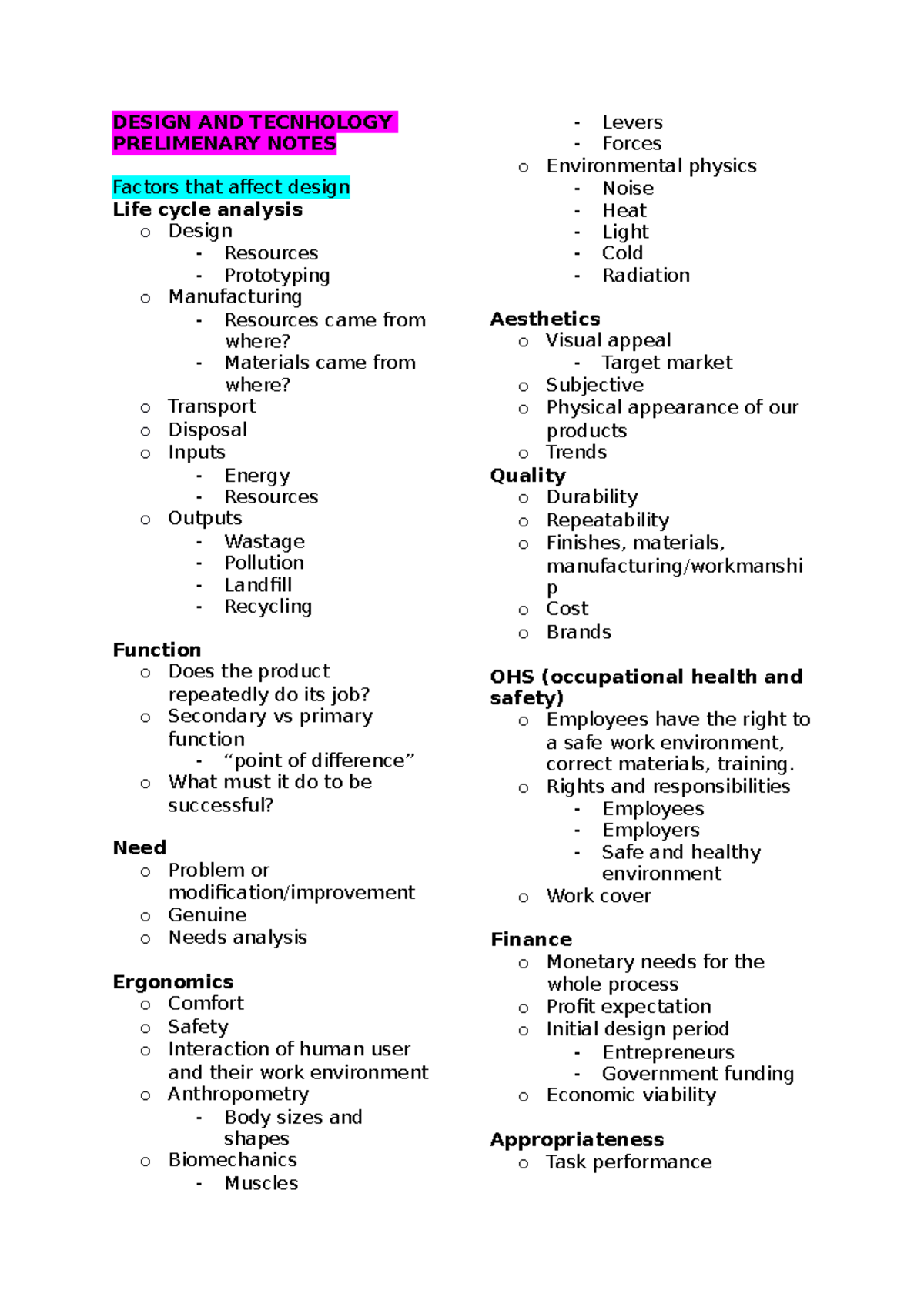 Design and Technology Notes - DESIGN AND TECNHOLOGY PRELIMENARY NOTES ...