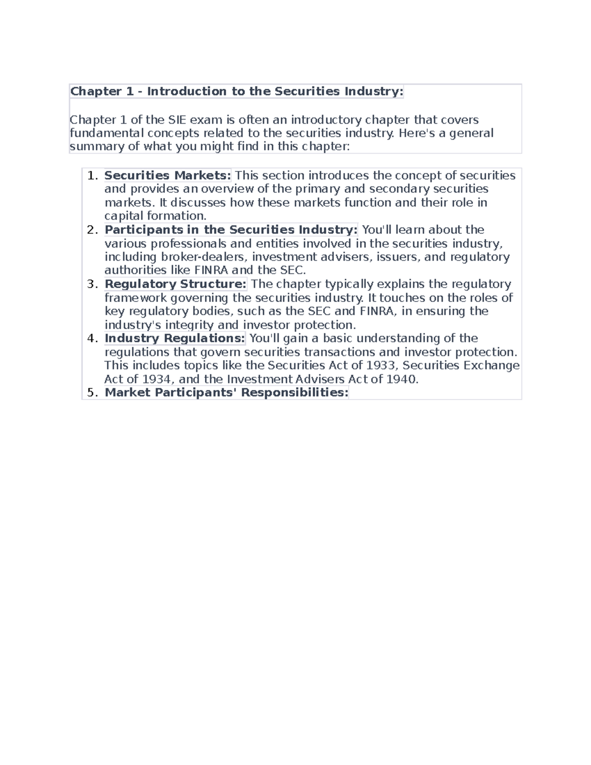 Chapter 1 - Chapter 1 - Introduction to the Securities Industry ...