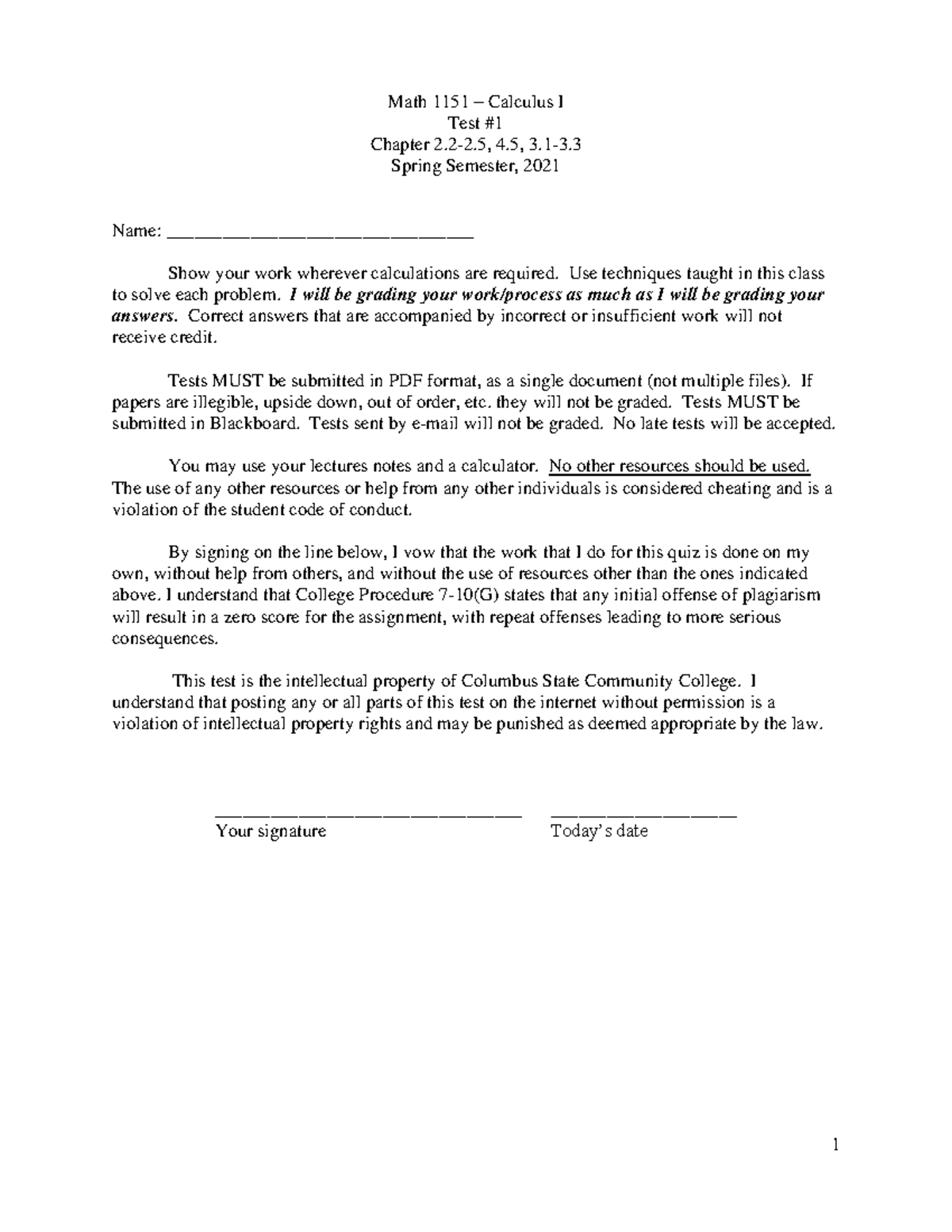 Math 151 – Calculus I - keey - Math 1 151 – Calculus I Test # Chapter 2 ...