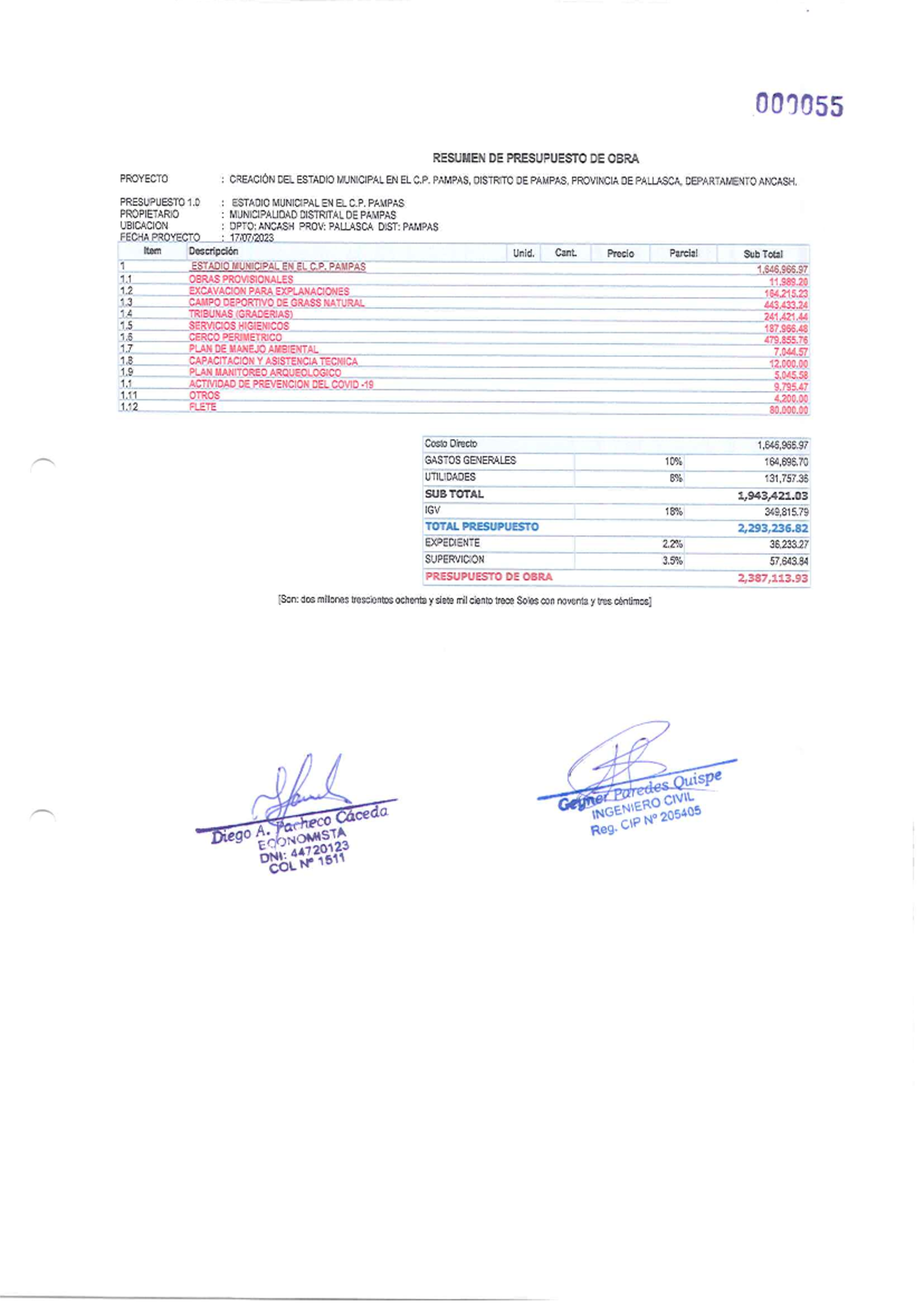 7 - rghj - RESUMEN DE PRESUPUESTO DE OBRA PROYECTO : CREACIÓN DEL ...