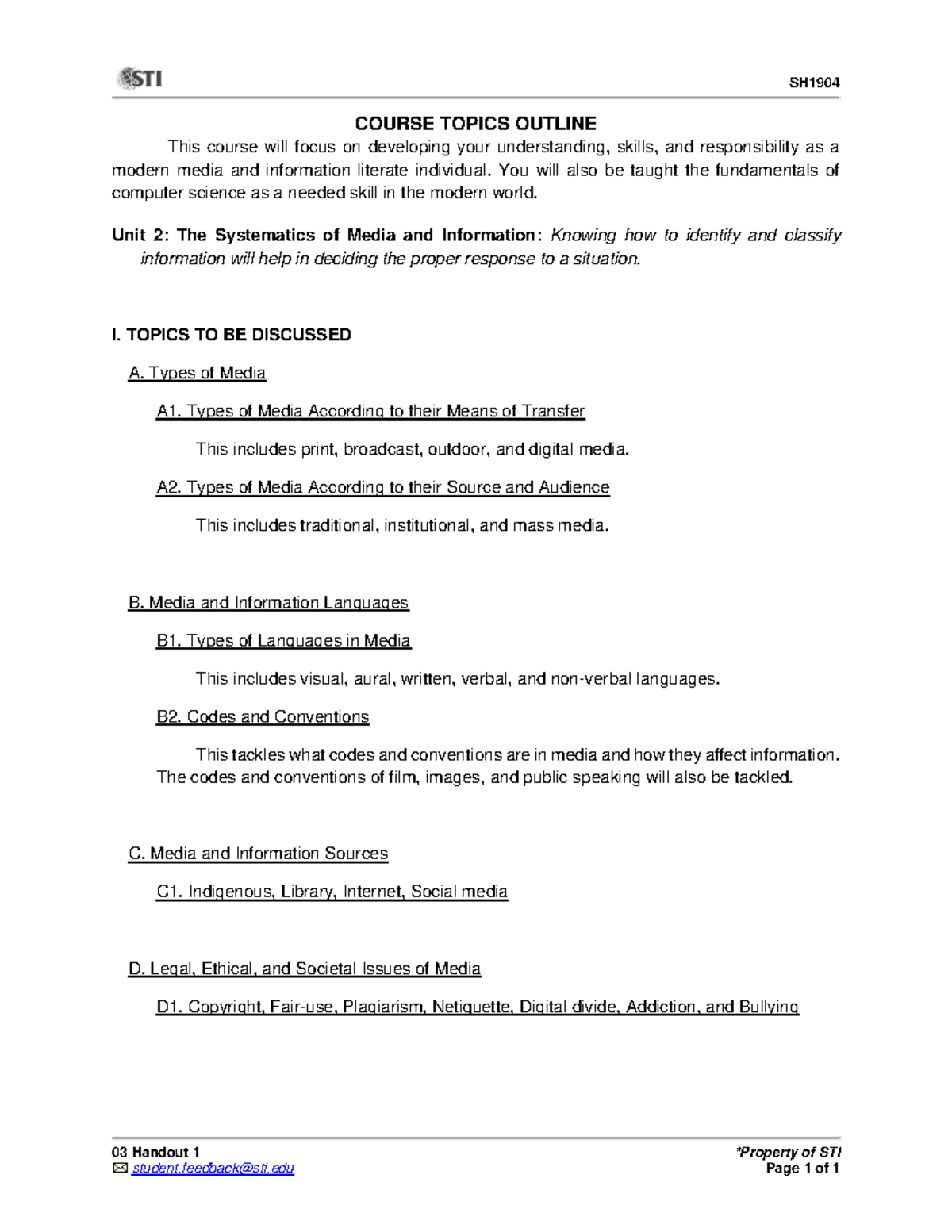 Course Topics Outline MIL - SH 03 Handout 1 *Property of STI student ...