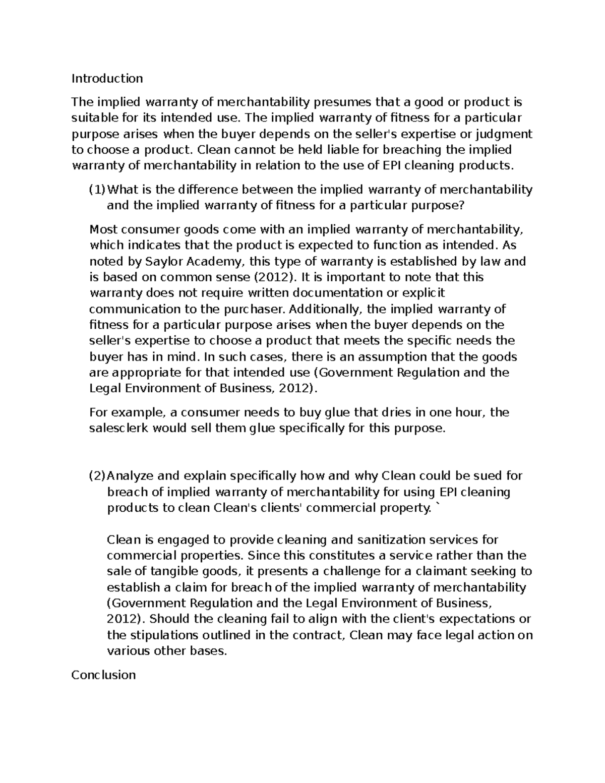 Week 3 Discussion - Introduction The implied warranty of ...