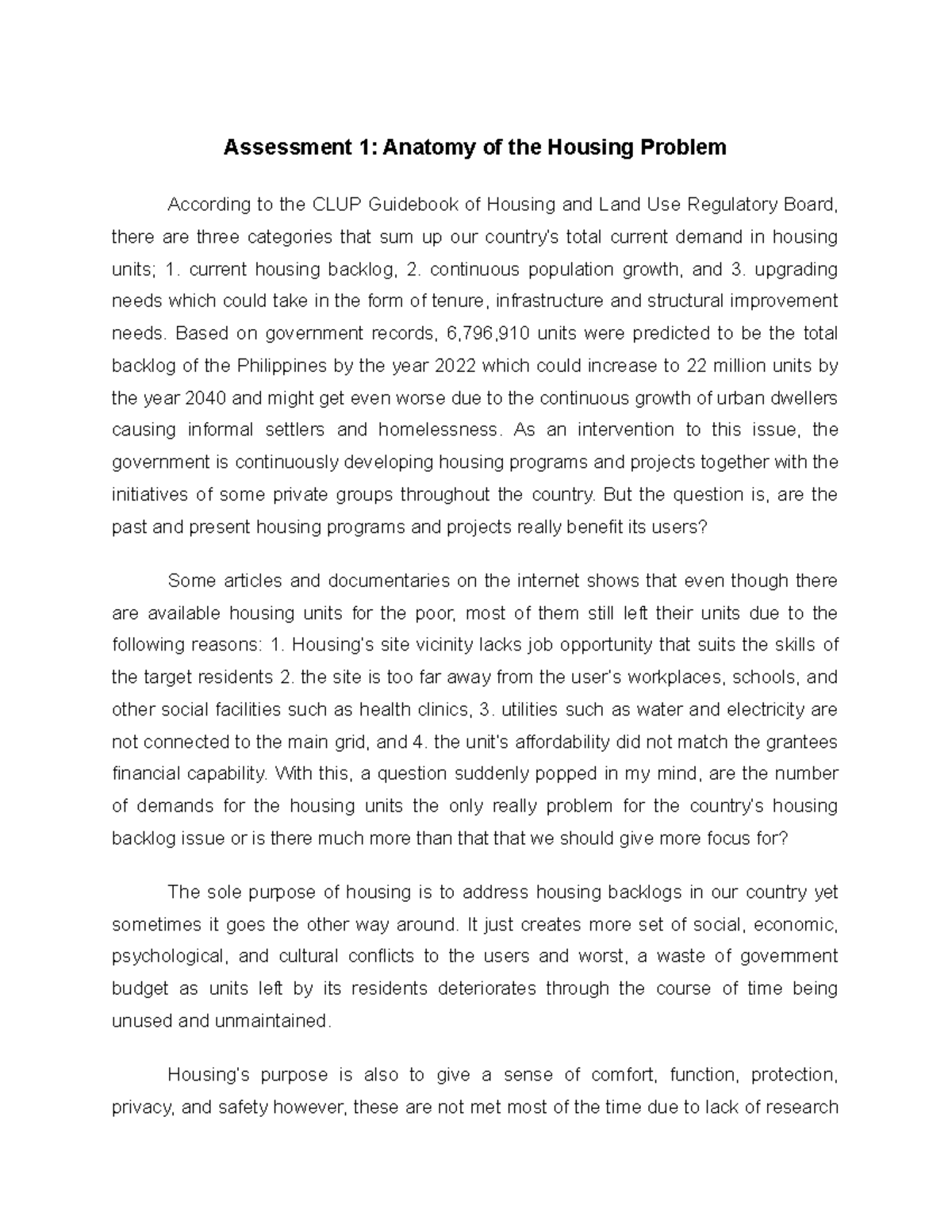 Anatomy of the Housing Problem - Assessment 1: Anatomy of the Housing ...