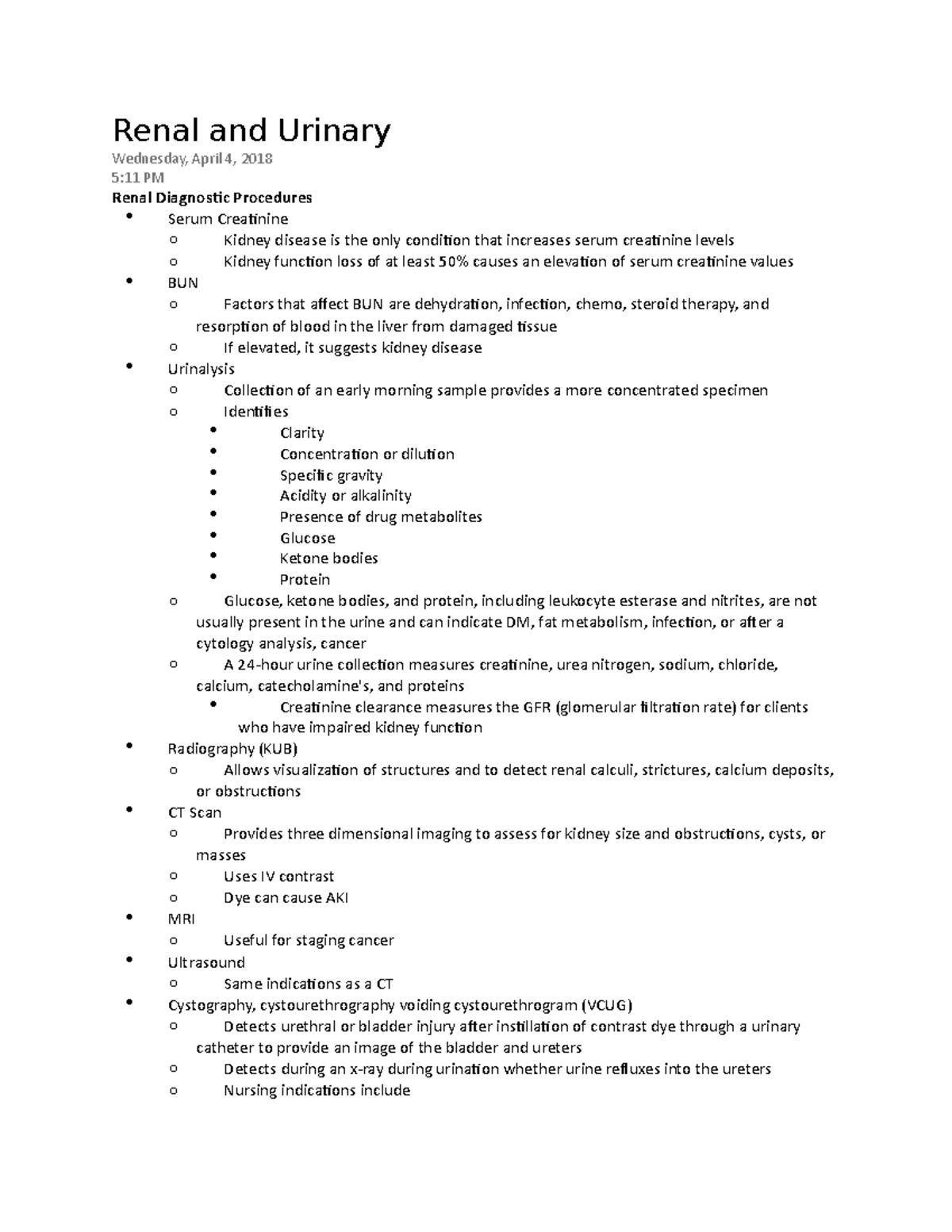 Class 10 - Lecture notes Renal Urinary - Renal and Urinary Wednesday ...