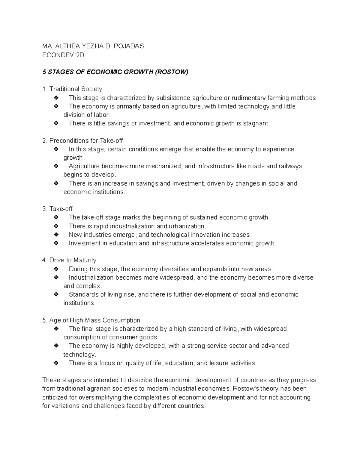 Stages OF Economic Growth by Rostow - MA. ALTHEA YEZHA D. POJADAS ...