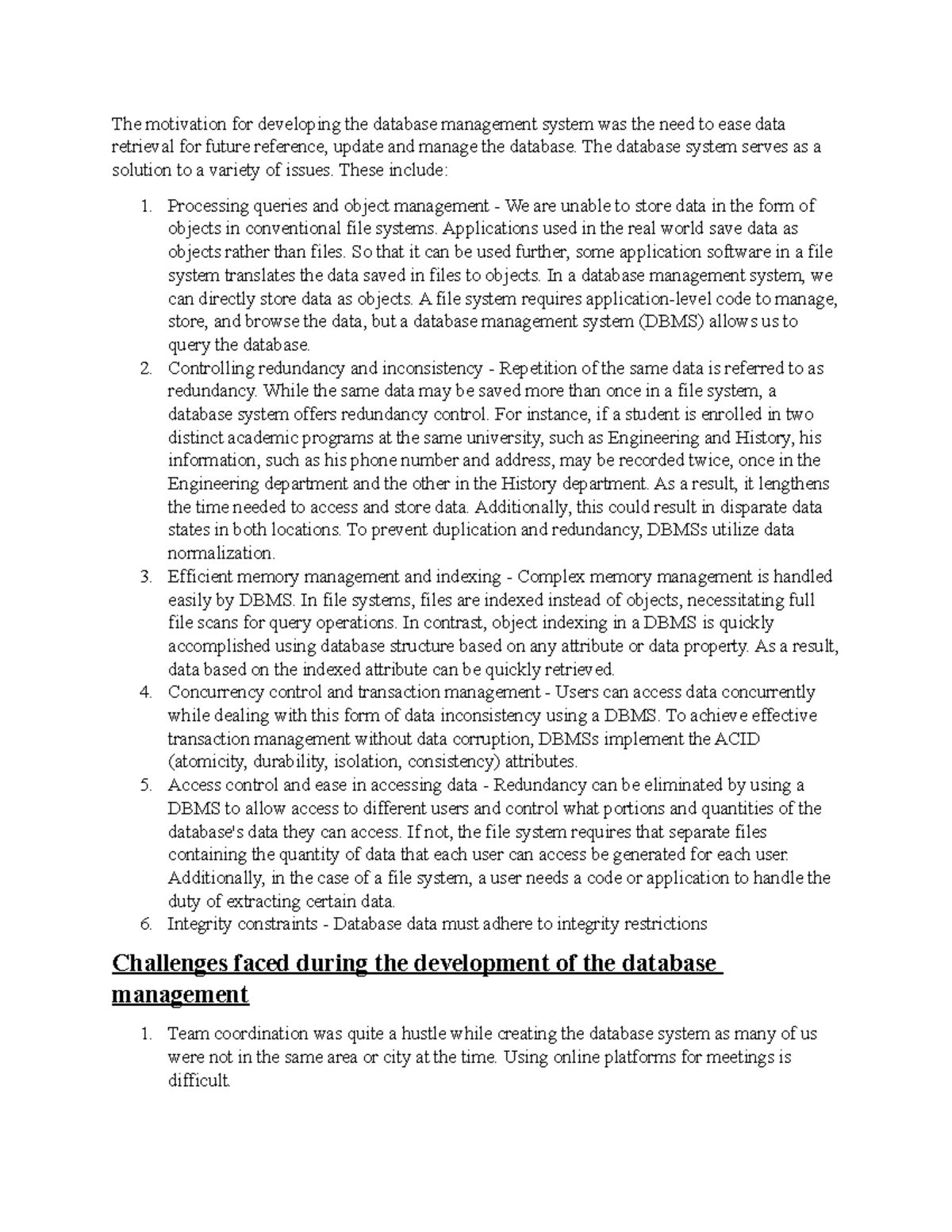 Dbms Database Management Notes The Motivation For Developing The Database Management System