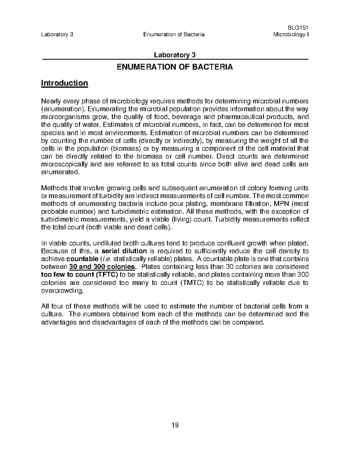 BLG151 Lab 3 Enumeration of Bacteria F2022 - Laboratory 3 Enumeration of Bacteria Microbiology I ...