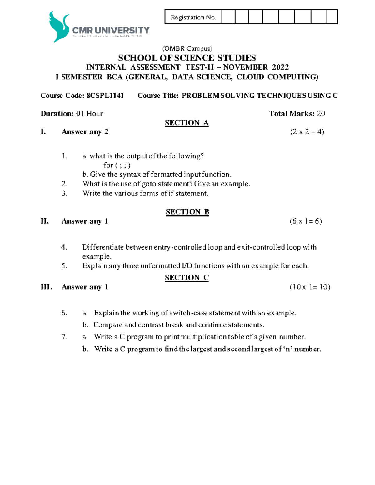 I BCA C Programming Internal Assessment Test-2 22-25 - (OMBR Campus ...