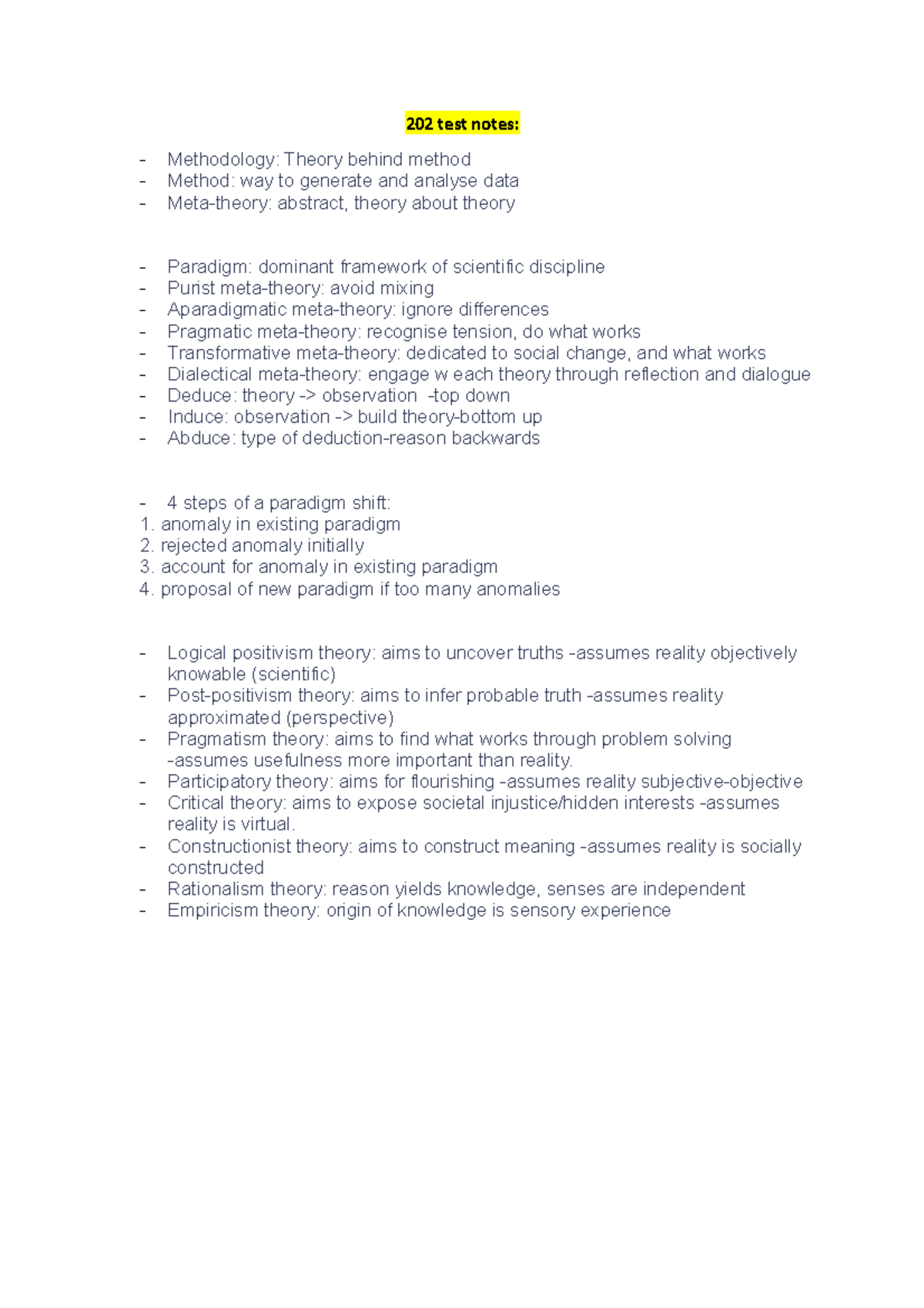 202 test notes - 202 test notes: Methodology: Theory behind method ...