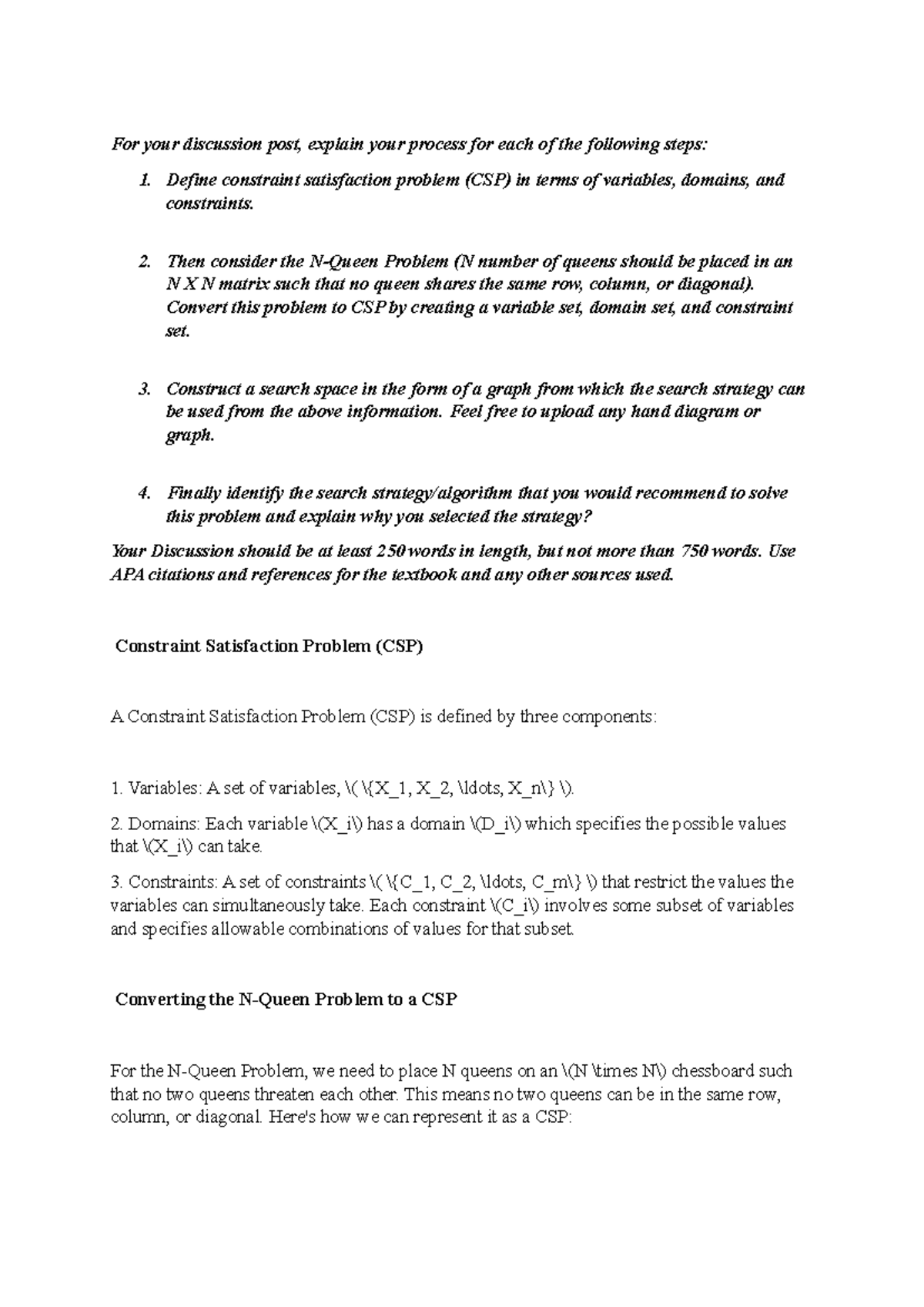 D F Week 4 - 1. Define constraint satisfaction problem (CSP) in terms ...