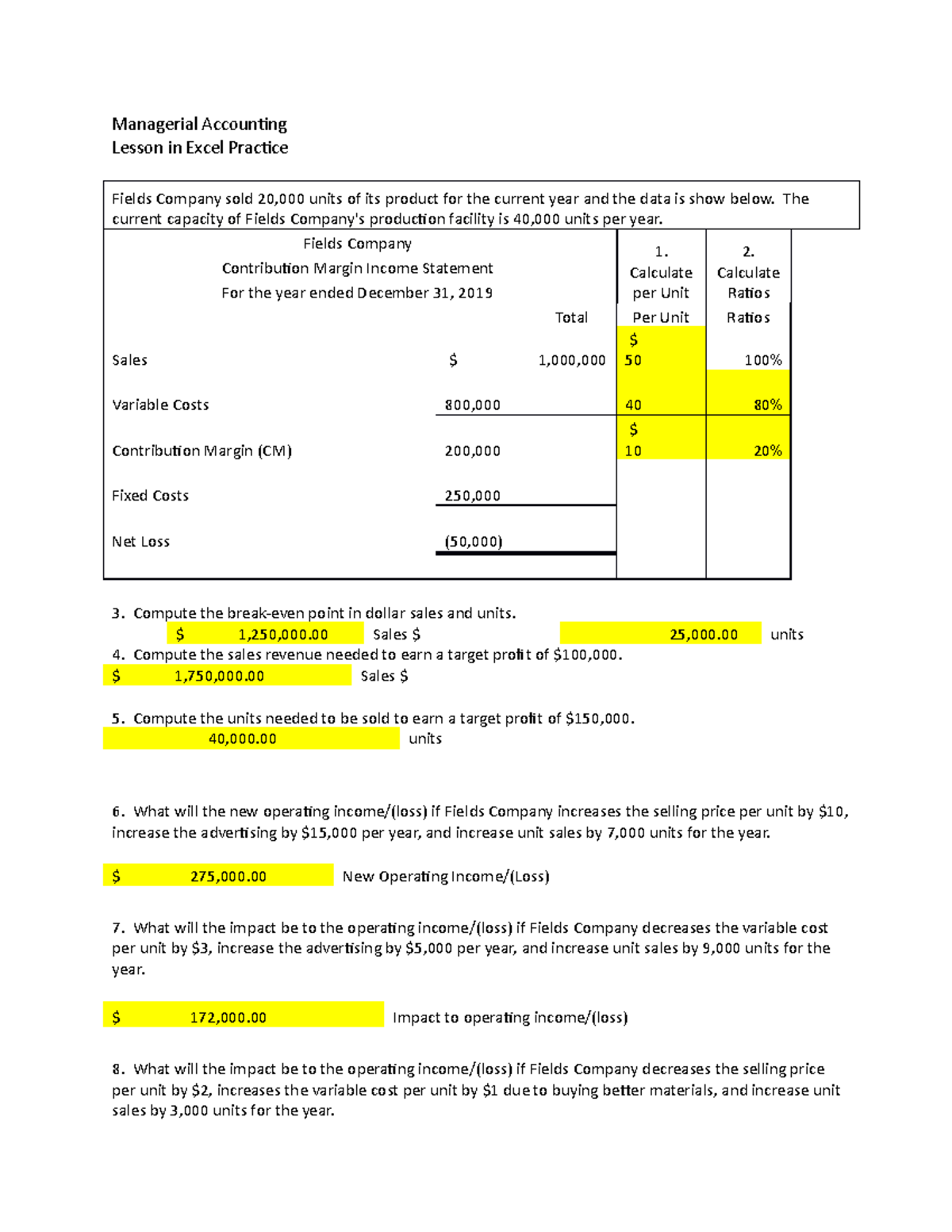 Managerial Acct- Lesson in Excel - Managerial Accounting Lesson in ...