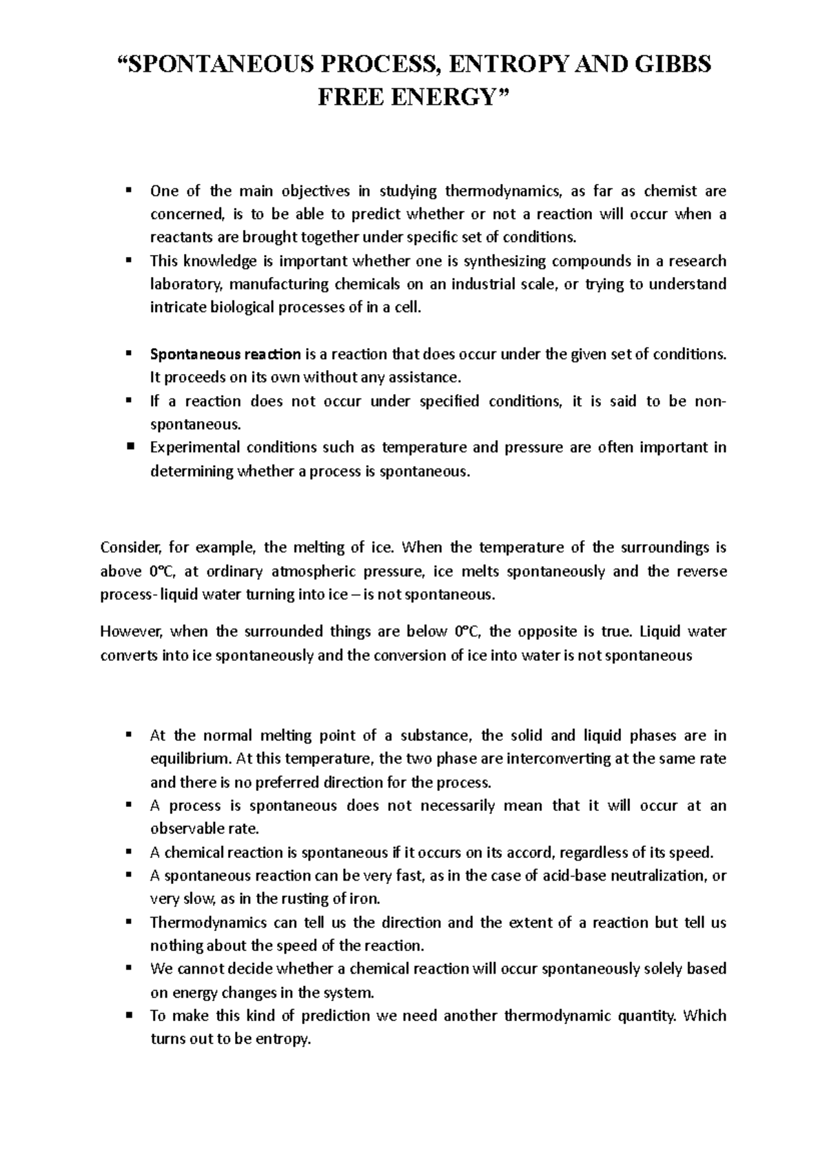 Spontaneous Process, Entropy AND Gibbs FREE Energy - “SPONTANEOUS ...