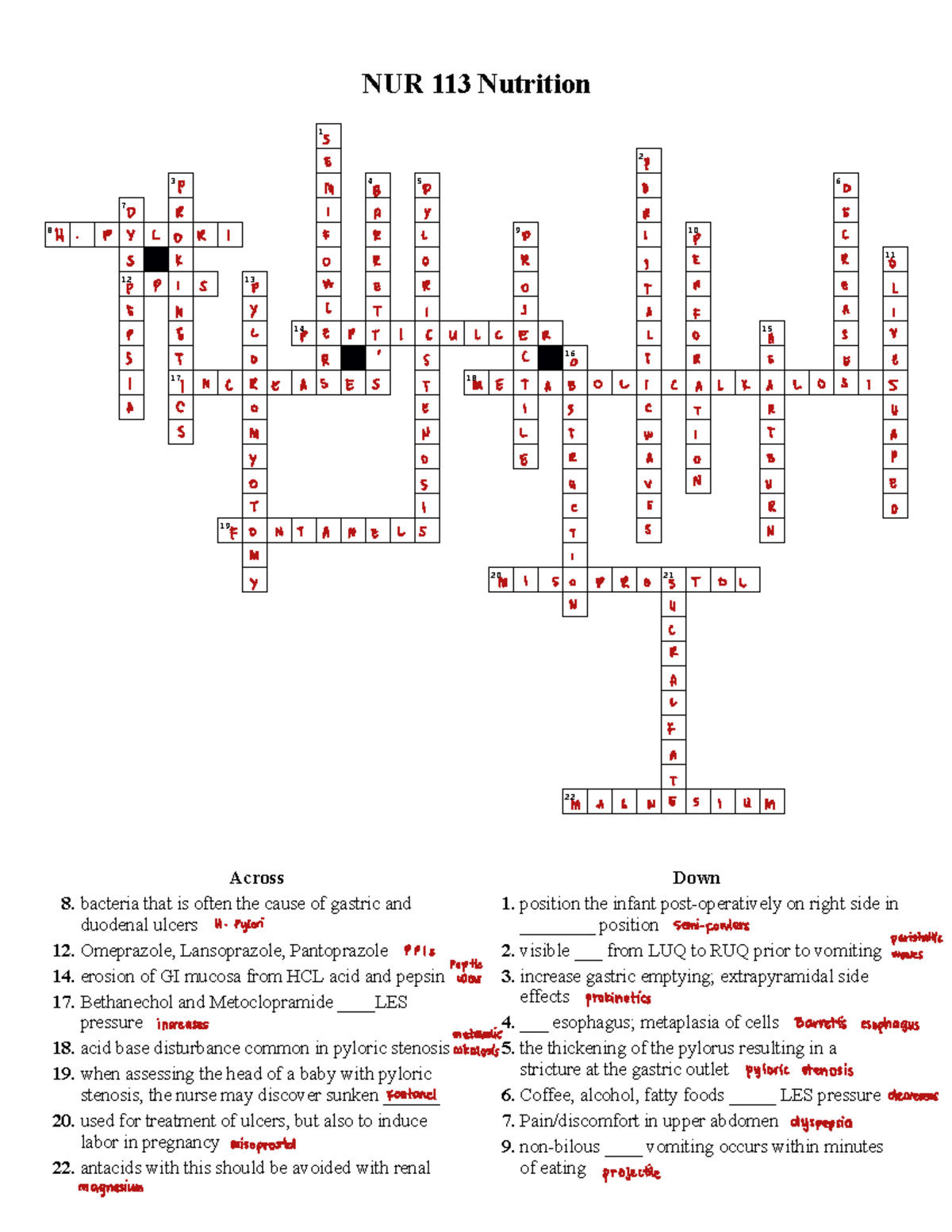 Crossword Nutrition - NUR 113 Nutrition 1 2 3 4 5 6 7 8 9 10 11 12 13 ...