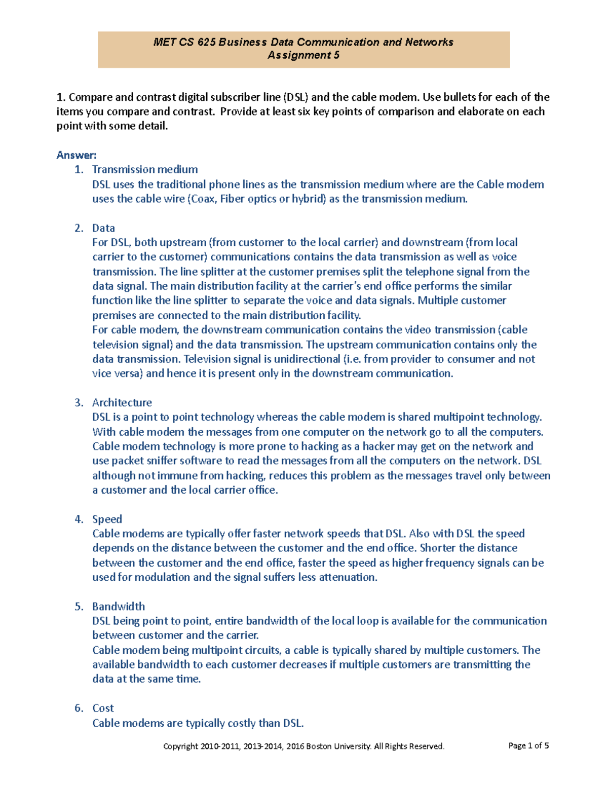 Week 5 assignment - MET CS 625 Business Data Communication and Networks ...