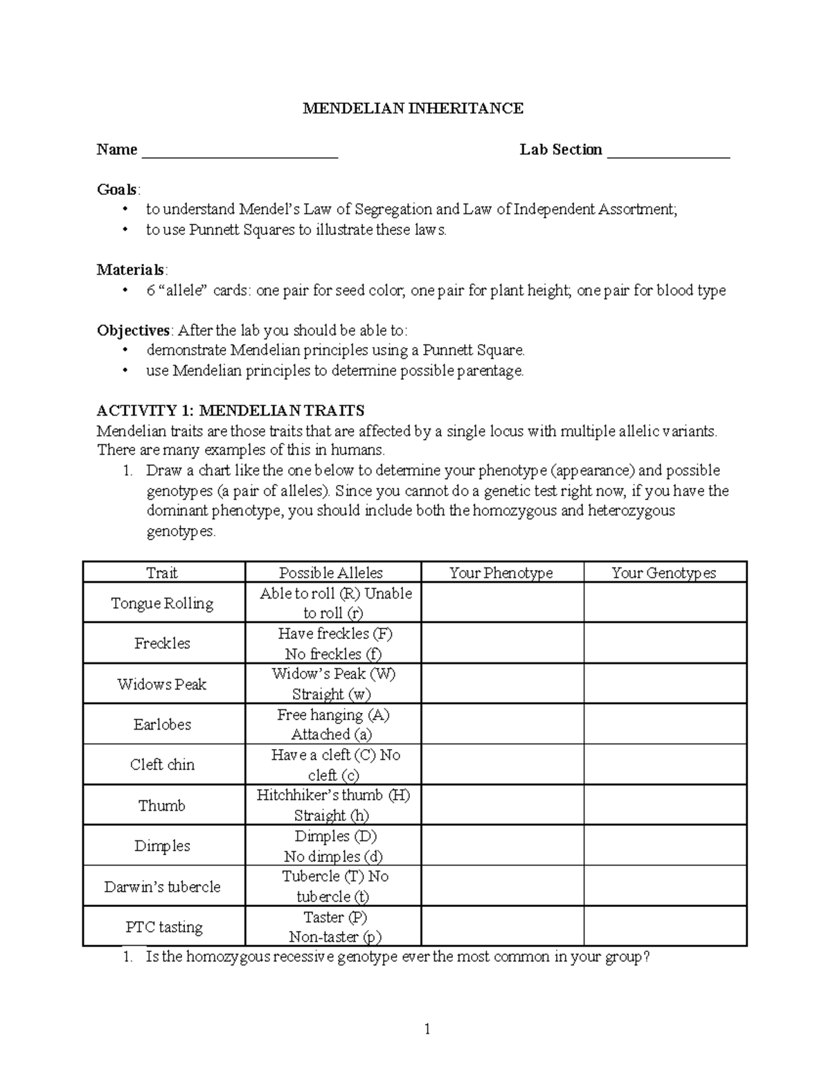 Mendellian Lab Bio ANTH - MENDELIAN INHERITANCE Name ...