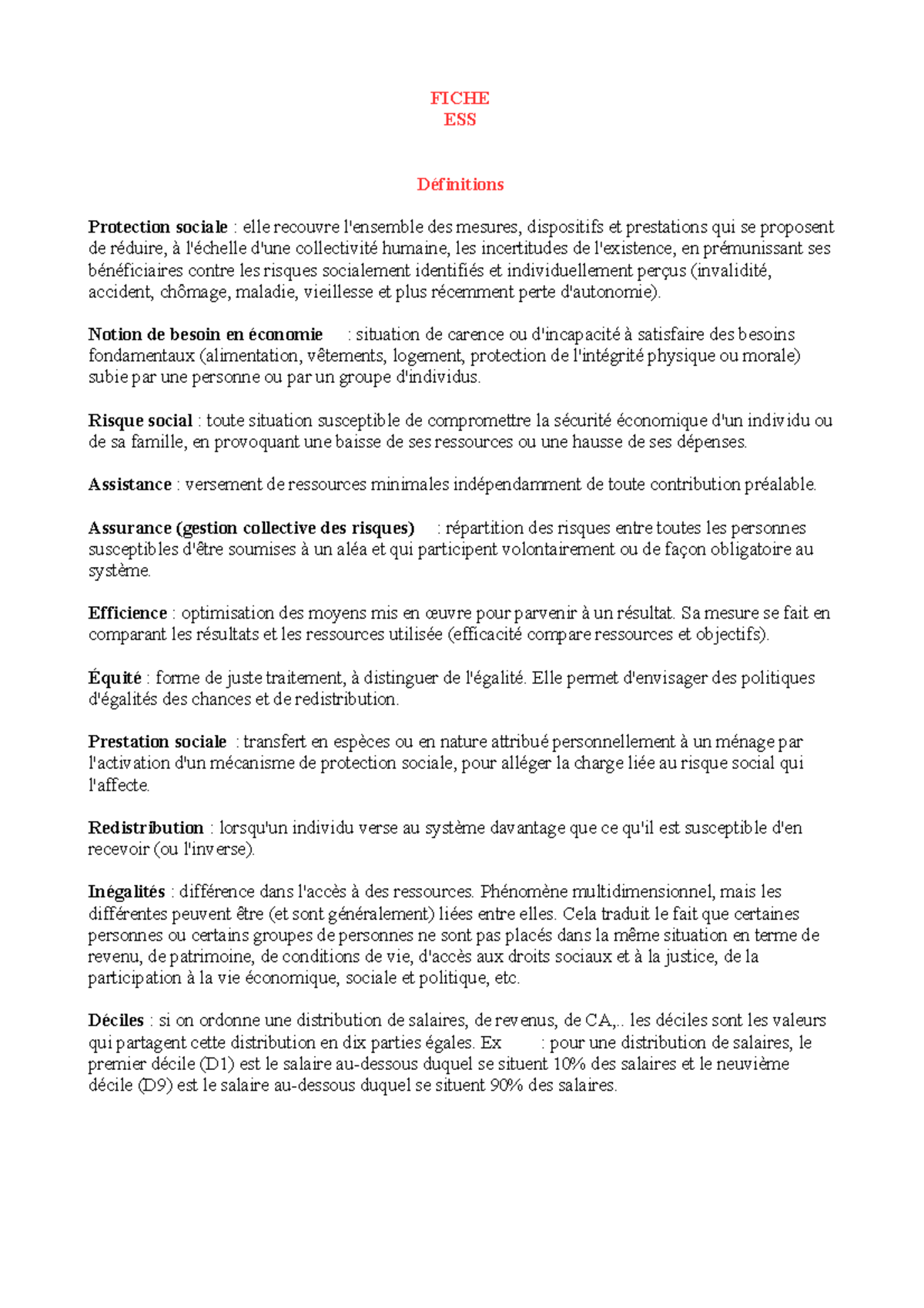 Fiche ESS - FICHE ESS Définitions Protection sociale : elle recouvre l ...