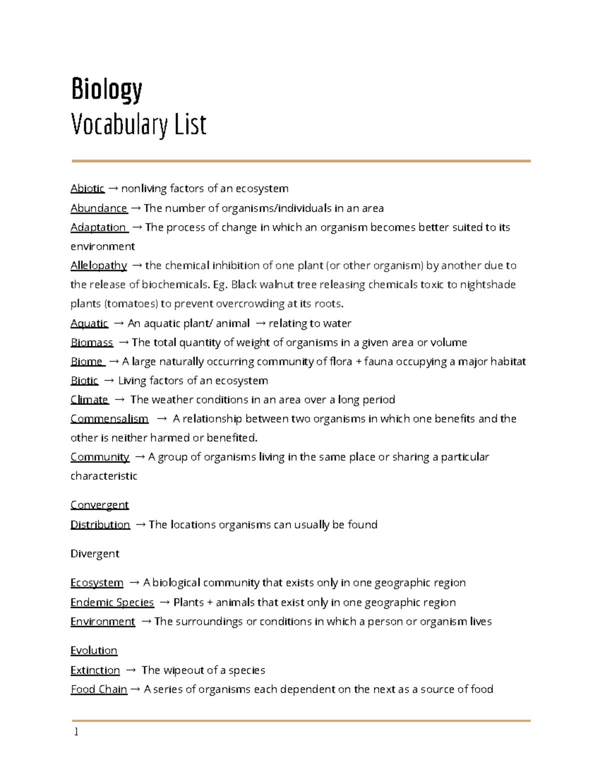 Biology Vocabulary List - Biology Vocabulary List Abiotic → nonliving ...