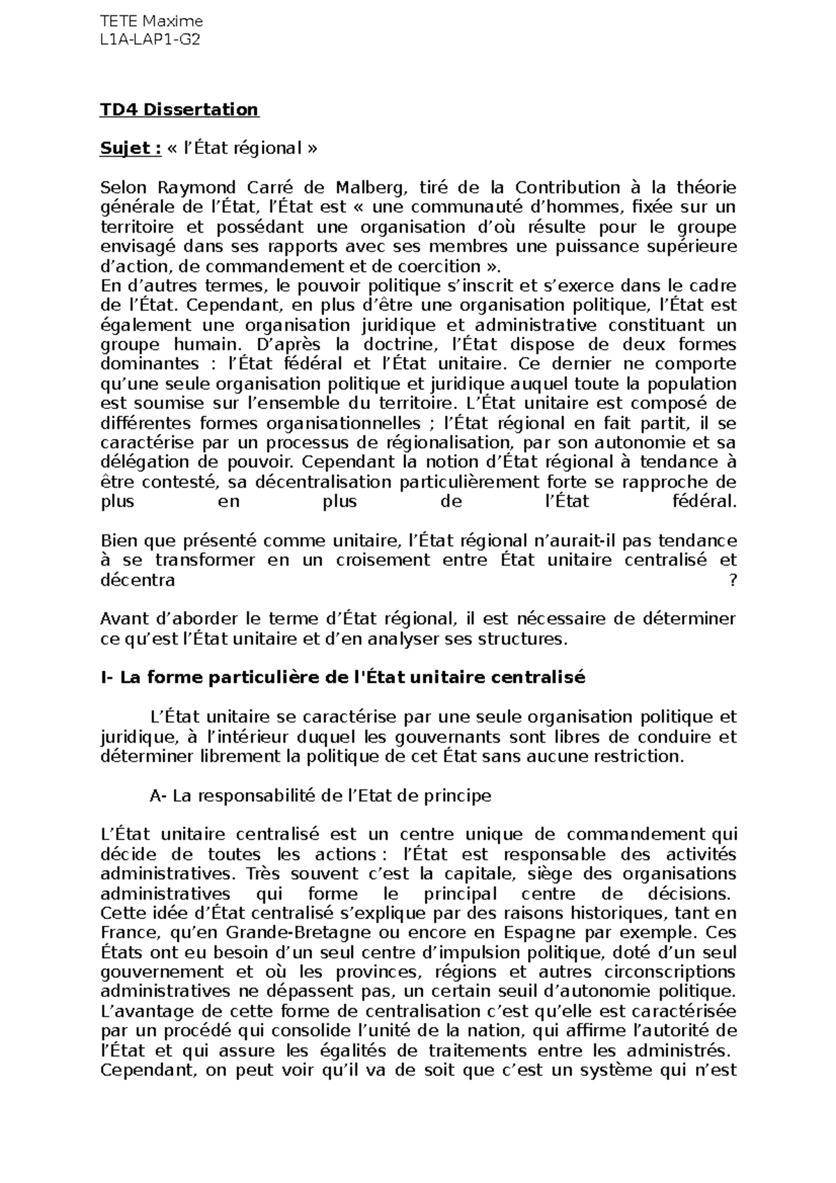 L'état Régional - TETE Maxime L1A-LAP1-G TD4 Dissertation Sujet : « l ...