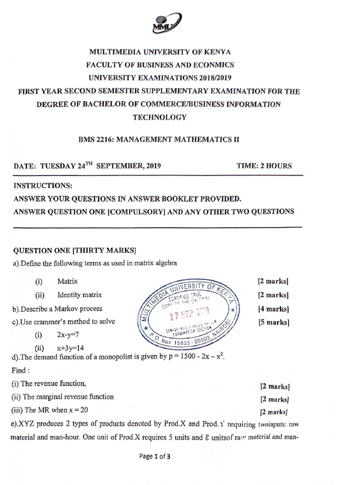Management Mathematics - MMU MULTIMEDIA UNIVERSITY OF KENYA FACULTY OF ...
