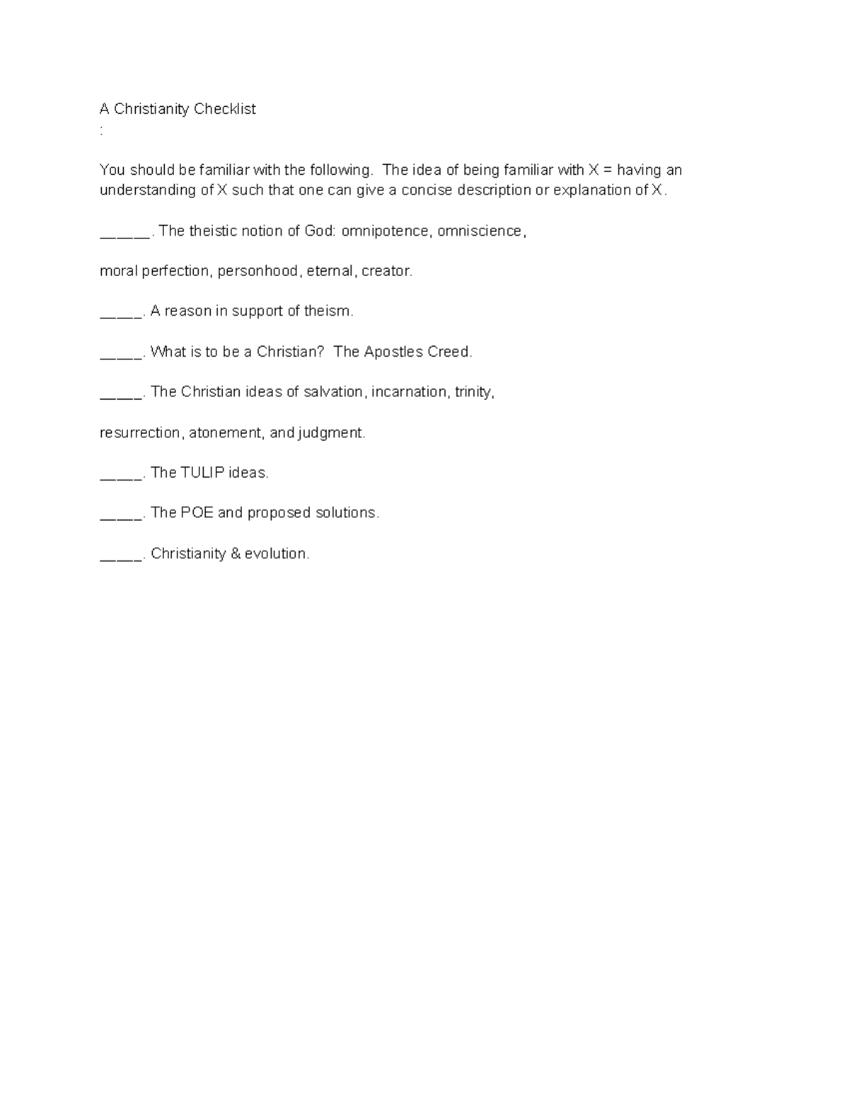 PHIL 100 Exam 1 Study Guide - A Christianity Checklist : You should be ...