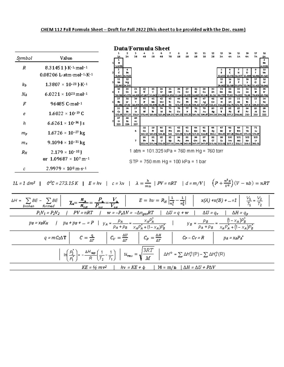 CHEM 112 Fall Formula Sheet – Draft for Fall 2022 - CHEM 112 Fall ...