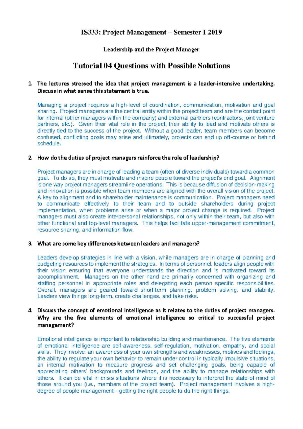 Tutorial 04 with Questions and Possible Solutions - IS333: Project Management – Semester I 2019 ...