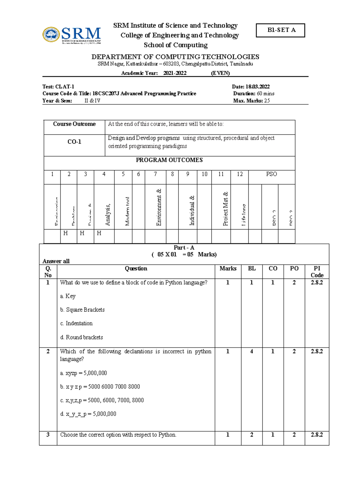B1-Set 1-final - CT PAPERS - SRM Institute of Science and Technology ...