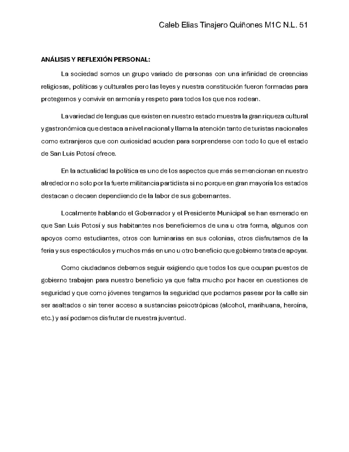 Humanidades Reflexion CETQ - Caleb Elias Tinajero Quiñones M1C N. 51 ...