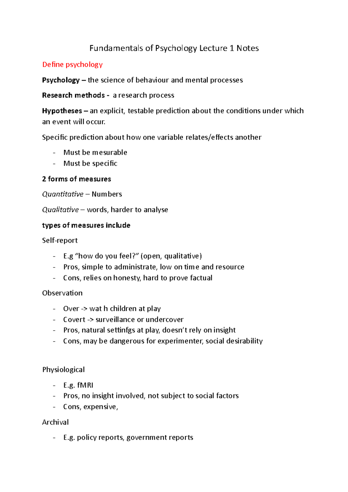 Fundamentals of Psychology Lecture 1 Notes - Specific prediction about ...