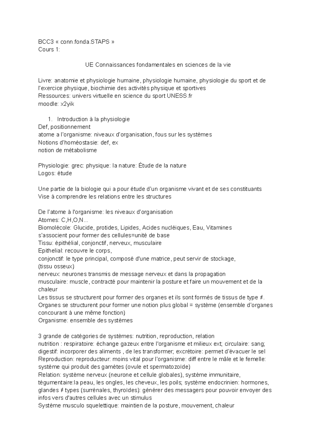 Physiologie - BCC3 « conn.fonda » Cours 1: UE Connaissances fondamentales en sciences de la vie ...
